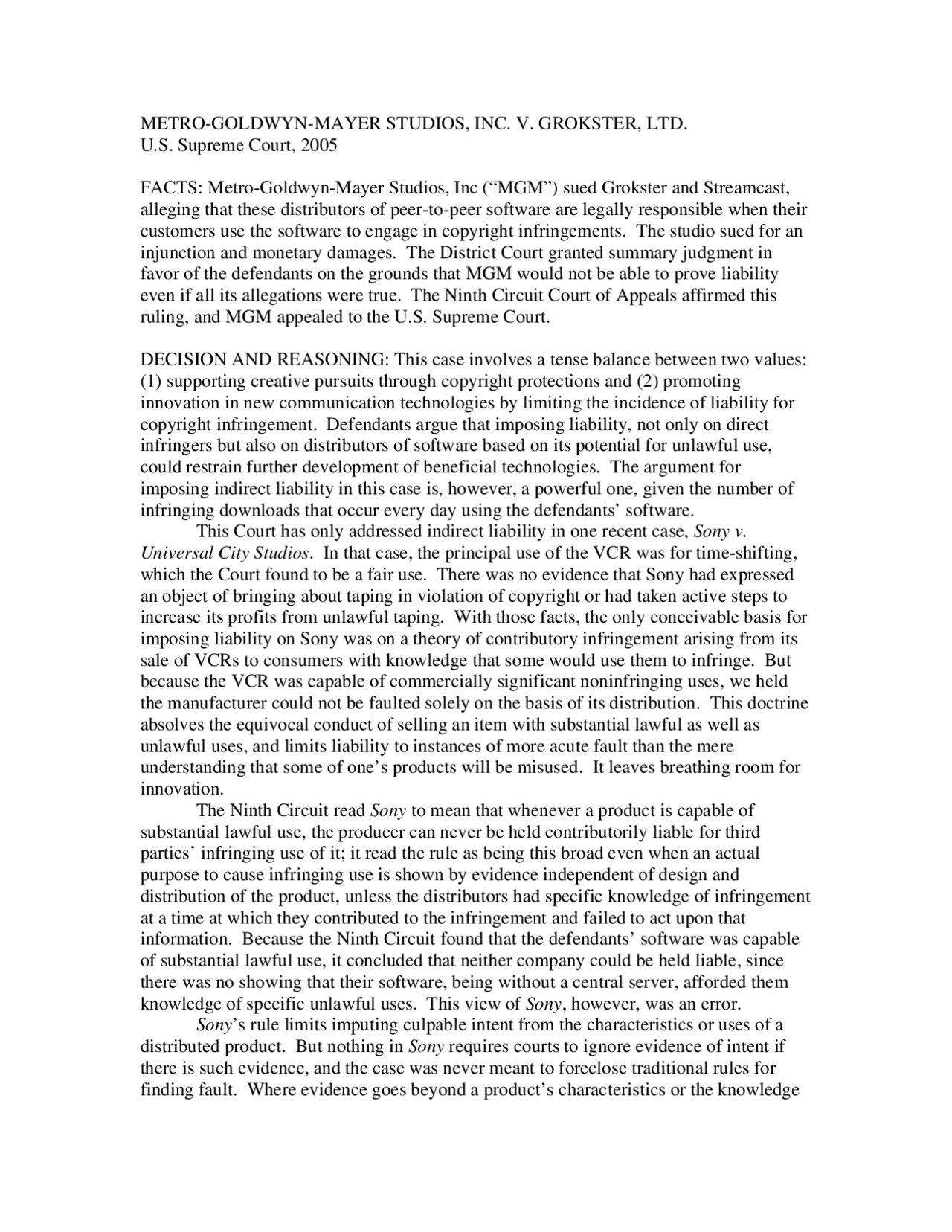 MGM v Grokster - Law - Case Study - Docsity