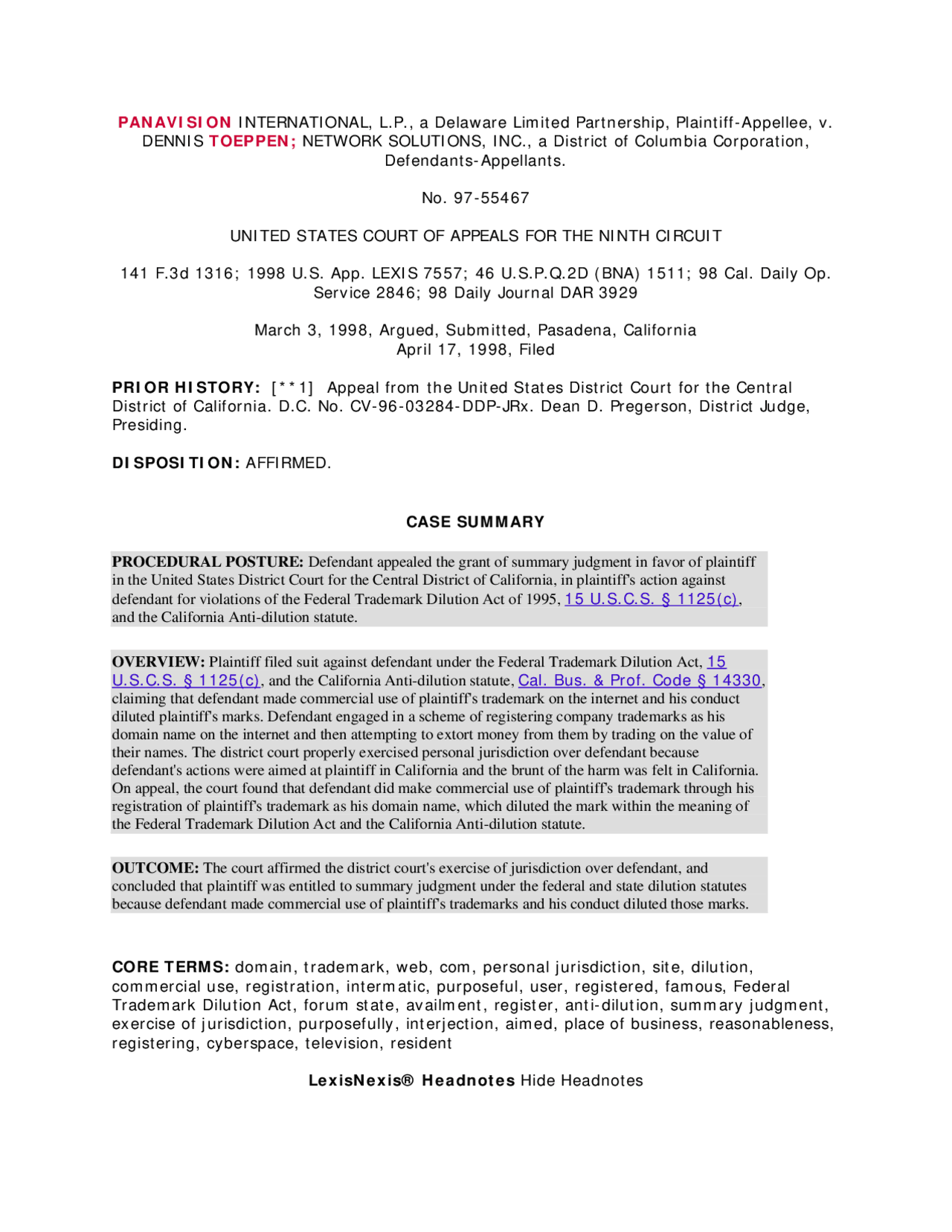 Panavision v Toeppen - Law - Case Study - Docsity