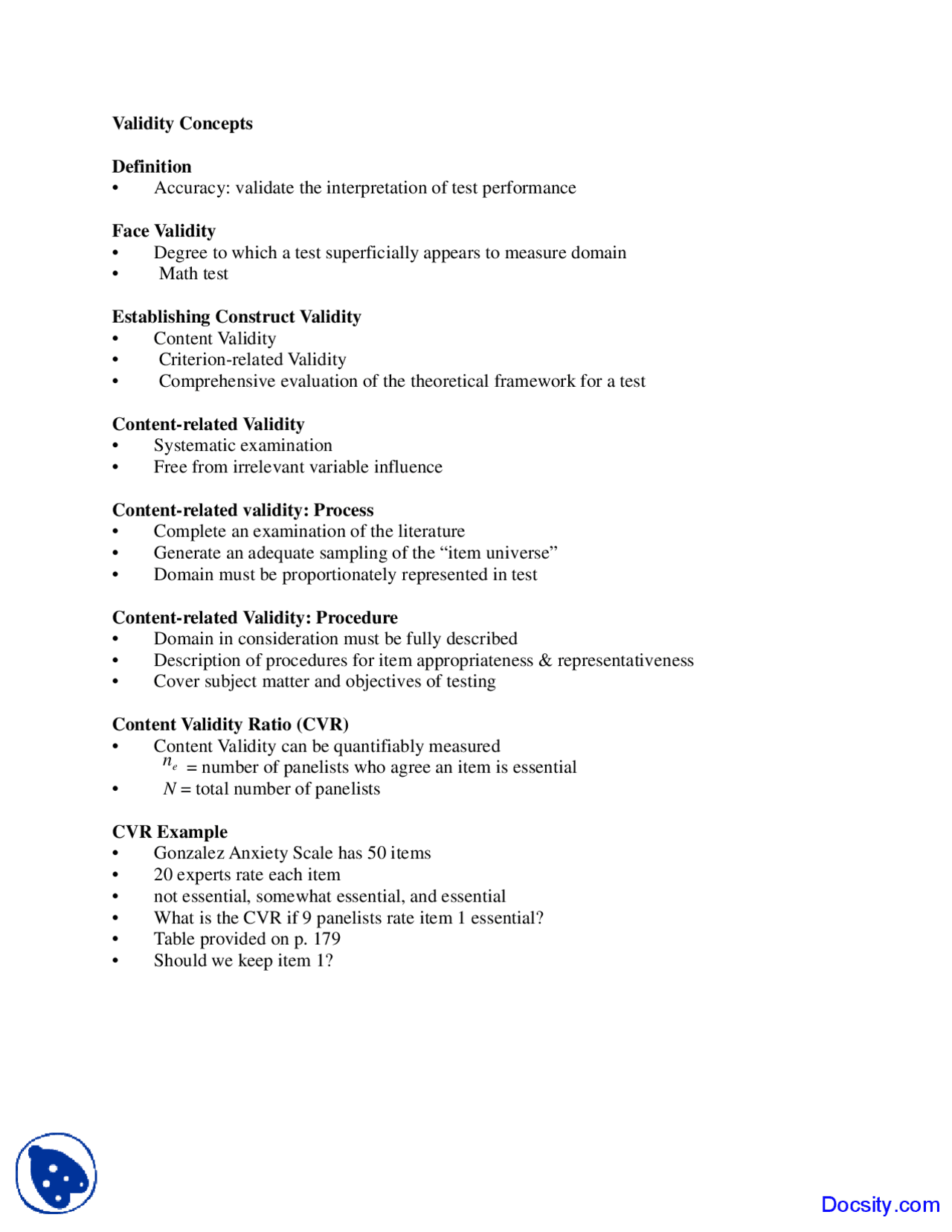 Validity Concepts Tests And Measurements Lecture Notes Docsity