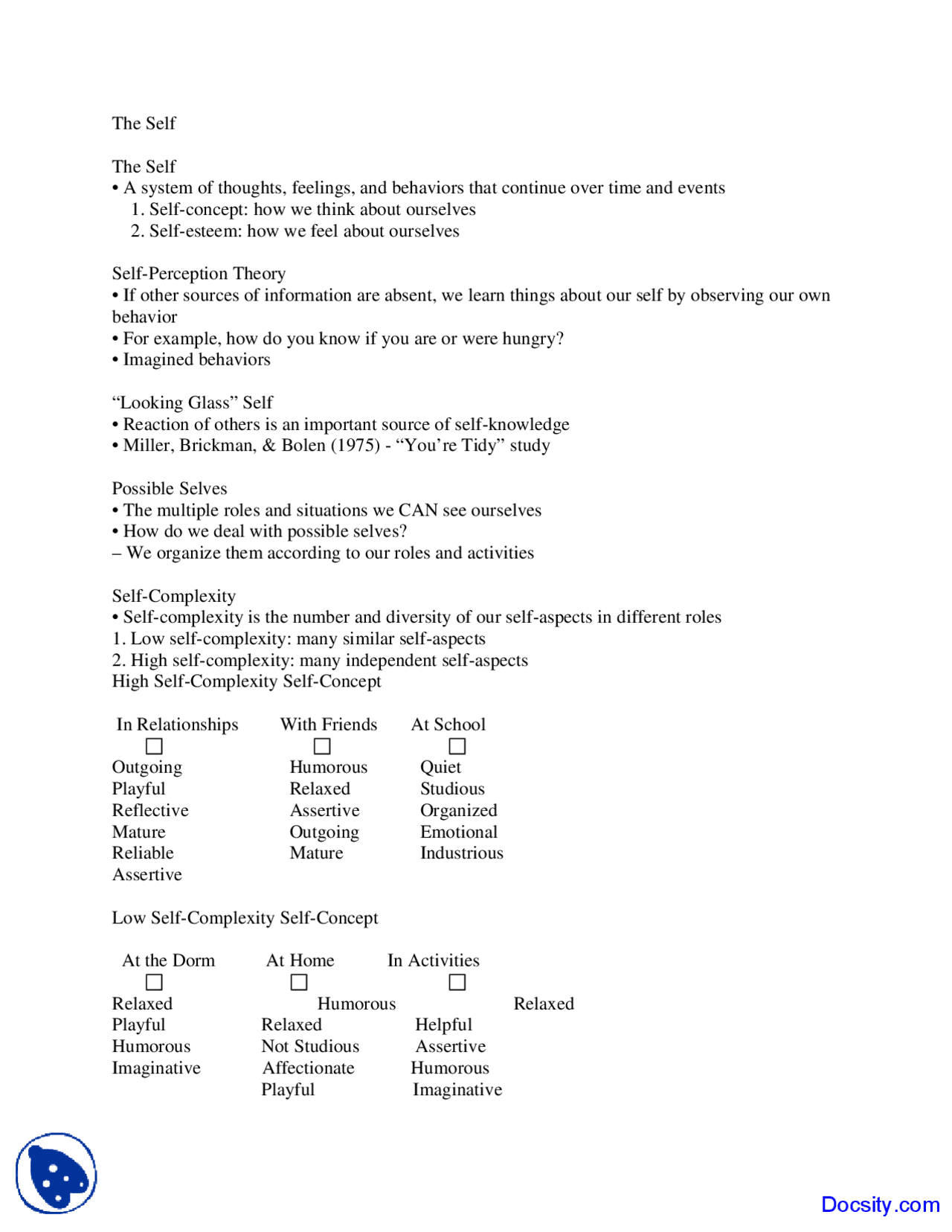 The Self - Social Psychology - Lecture Notes - Docsity