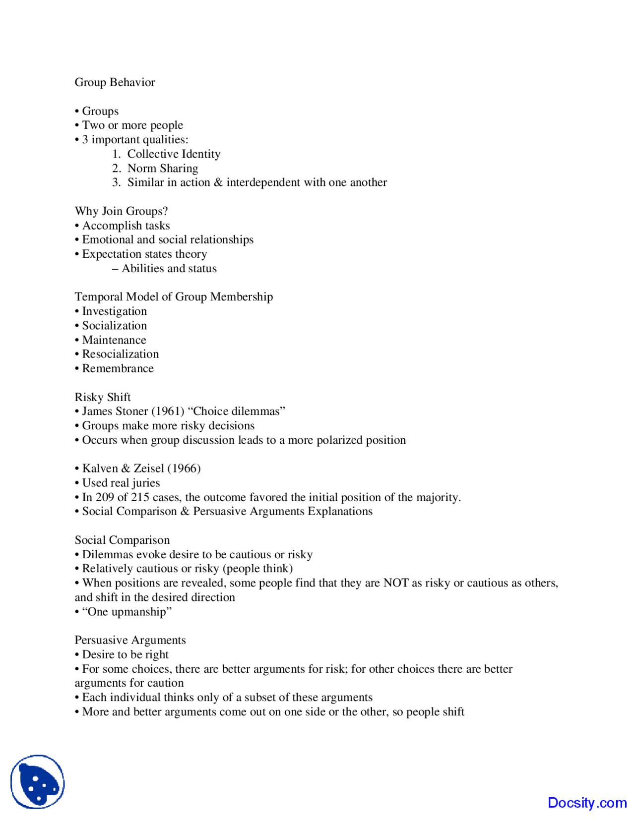 Group Behavior Social Psychology Lecture Notes Docsity