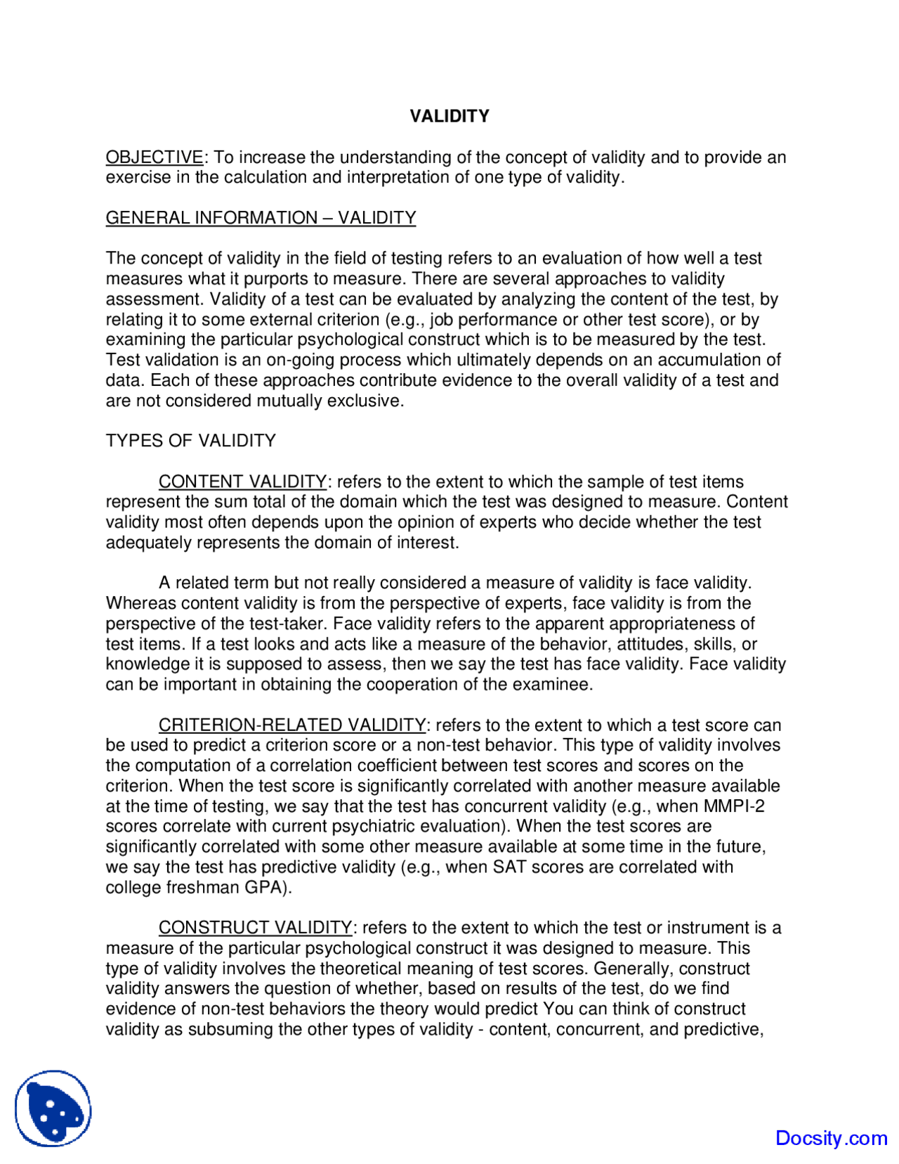 Validity Tests And Measurements Lecture Notes Docsity