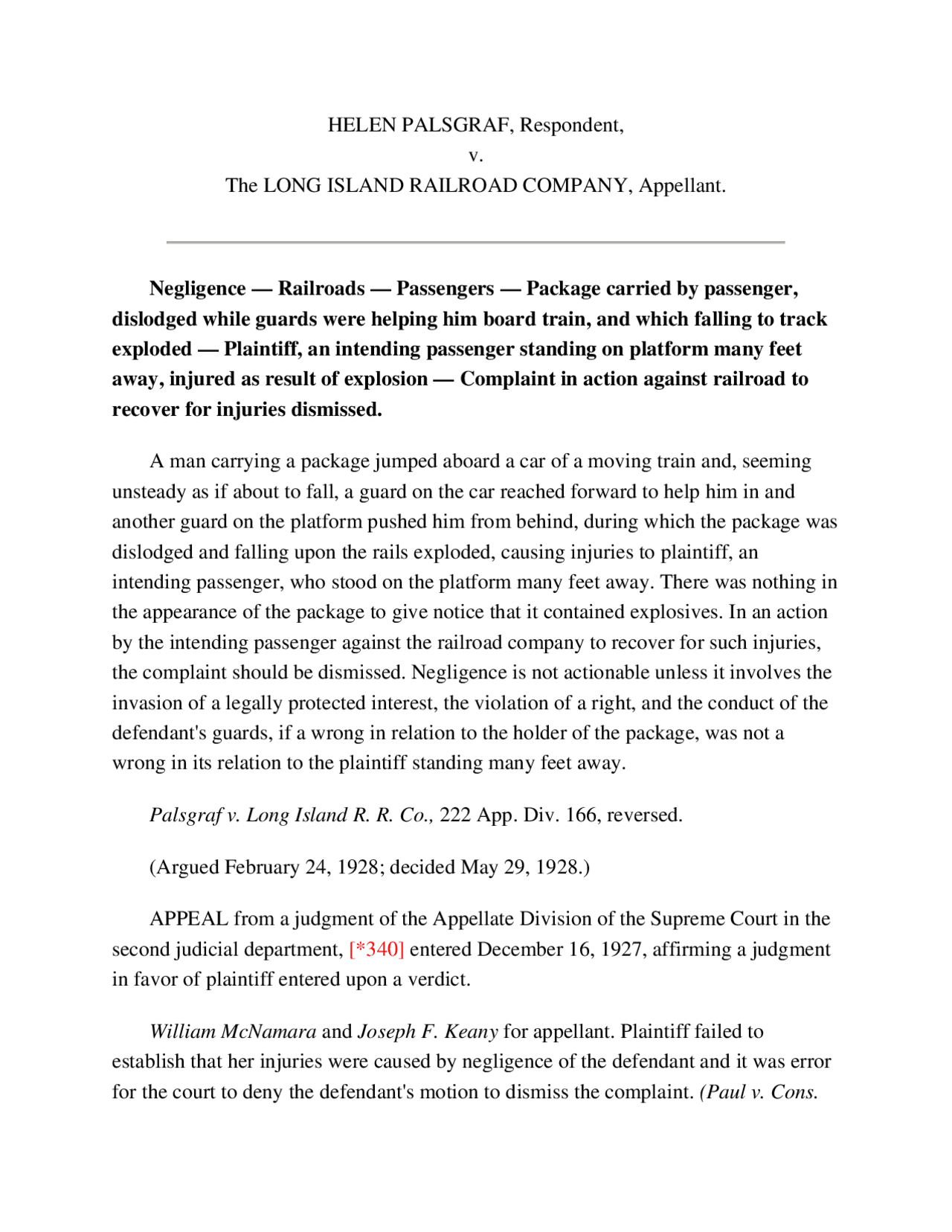 Palsgraf v LIRR - Law - Case Study - Docsity