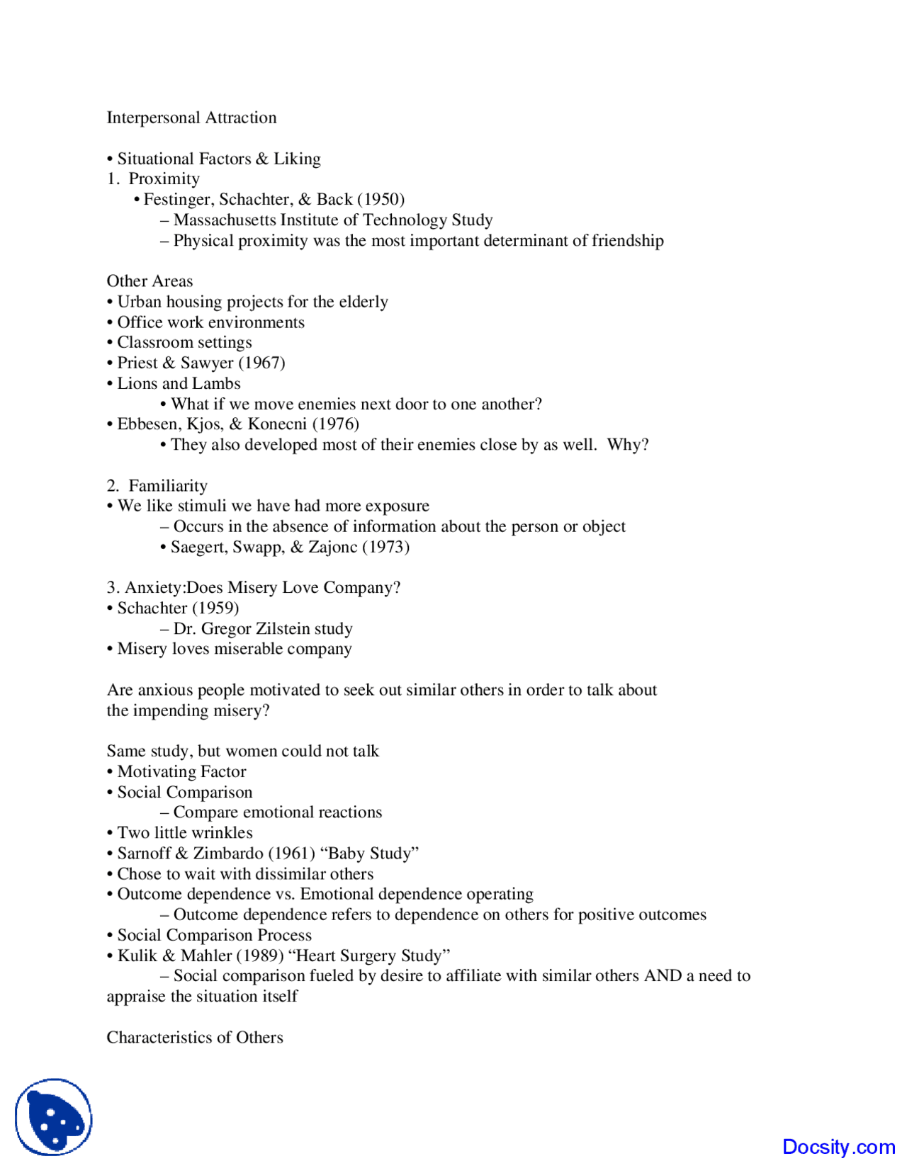 Interpersonal Attraction Social Psychology Lecture Notes Docsity