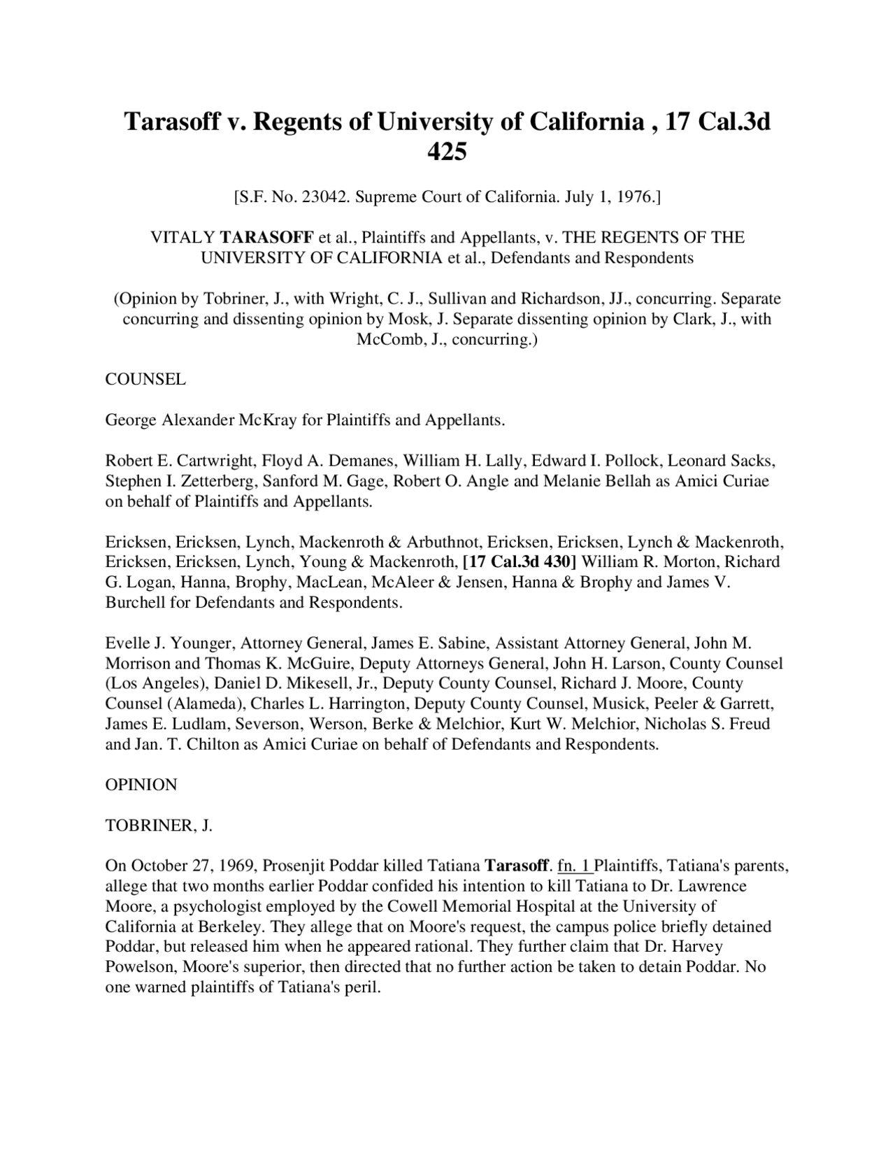 Tarasoff v Regents - Law - Case Study - Docsity