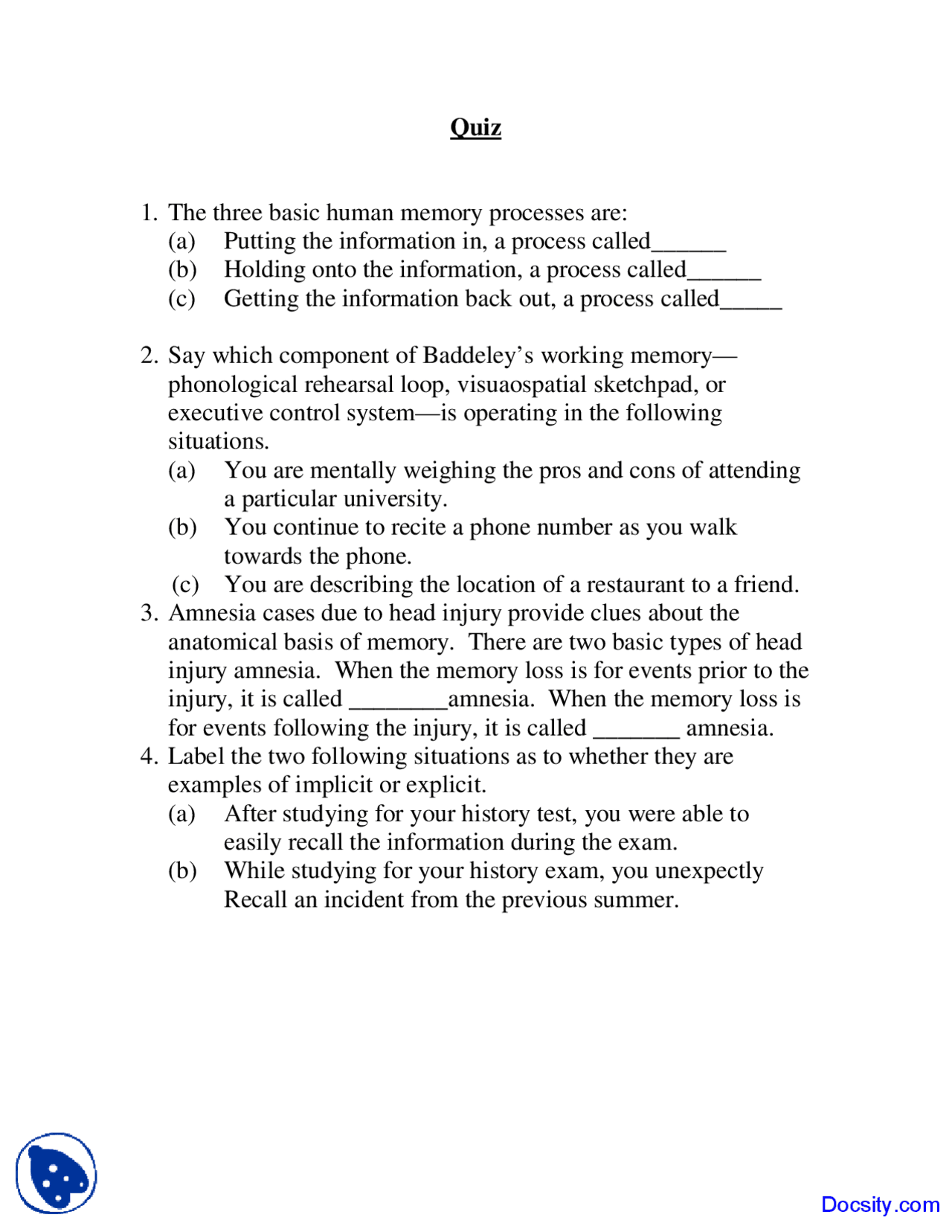 Human Memory Processes General Psychology Quiz Exercises
