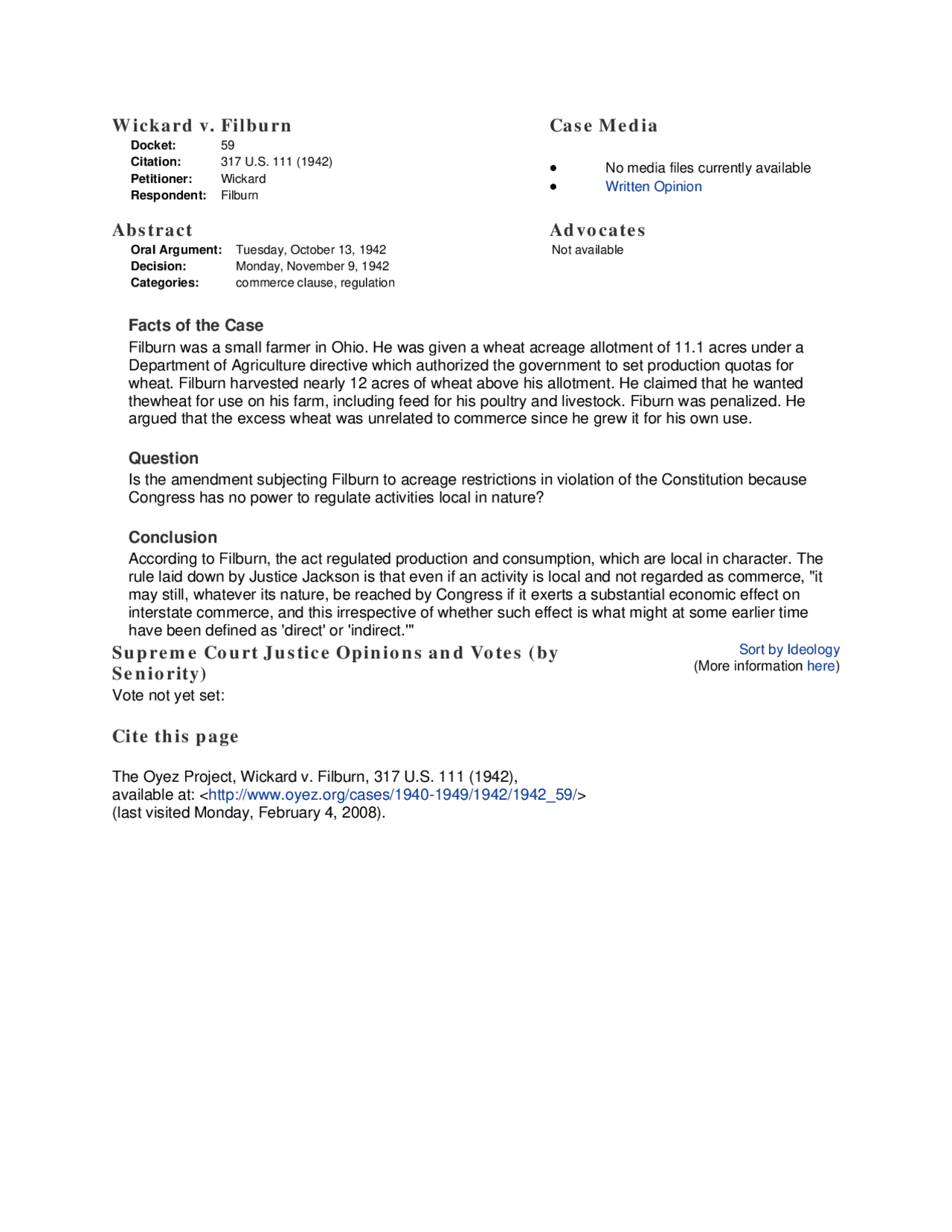 Wickard v Filburn - Law - Case Study - Docsity