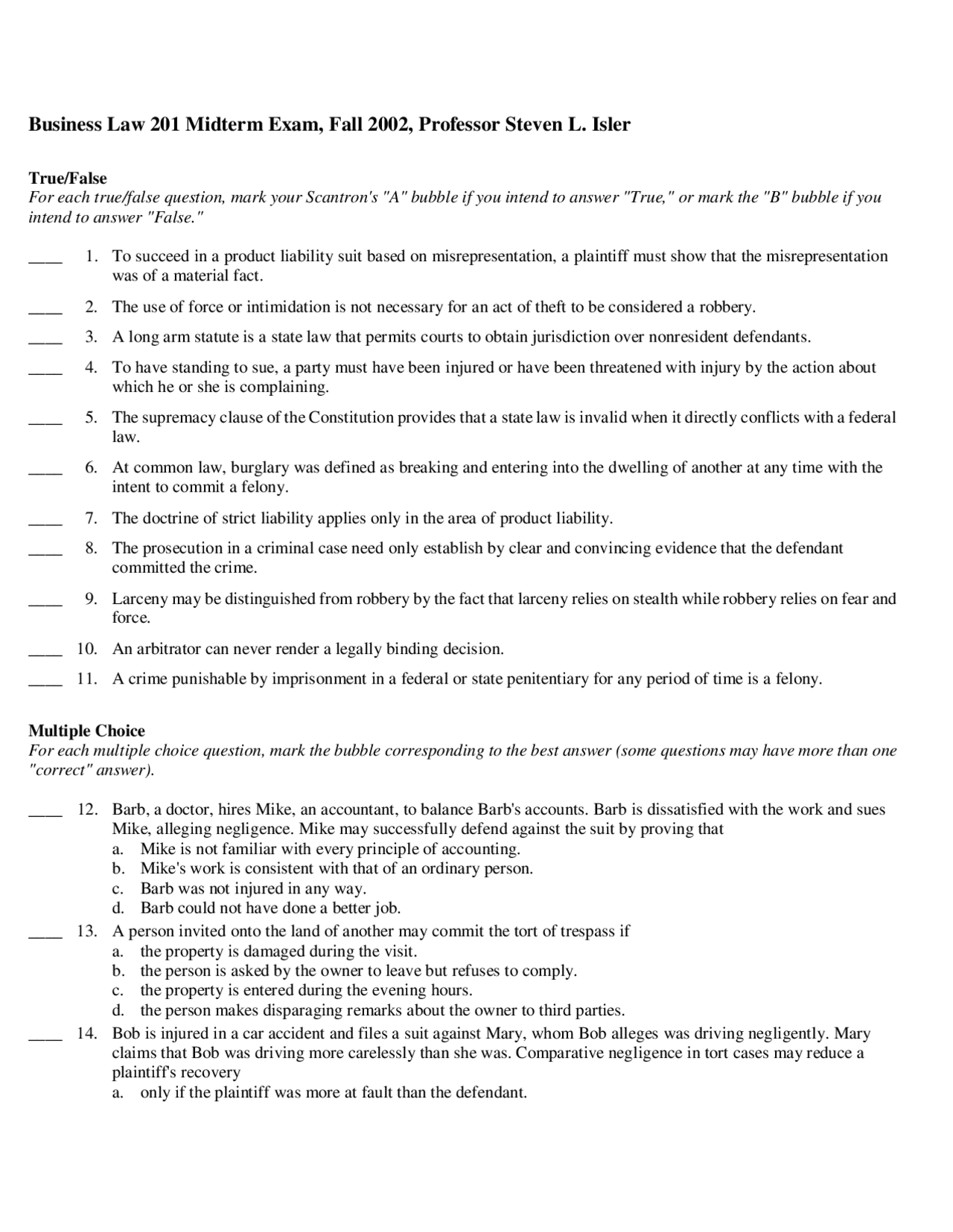 Misrepresentation Introduction Of Business Law Past Exam Docsity