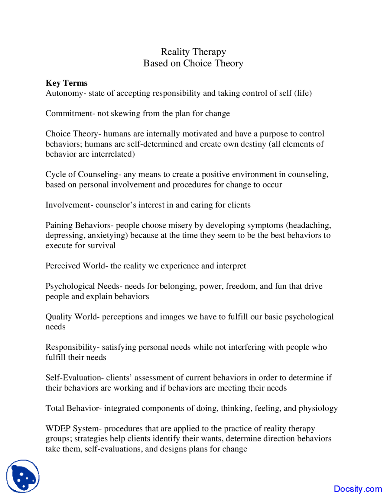 Reality Therapy - Theories of Counseling - Lecture Notes | Study notes ...
