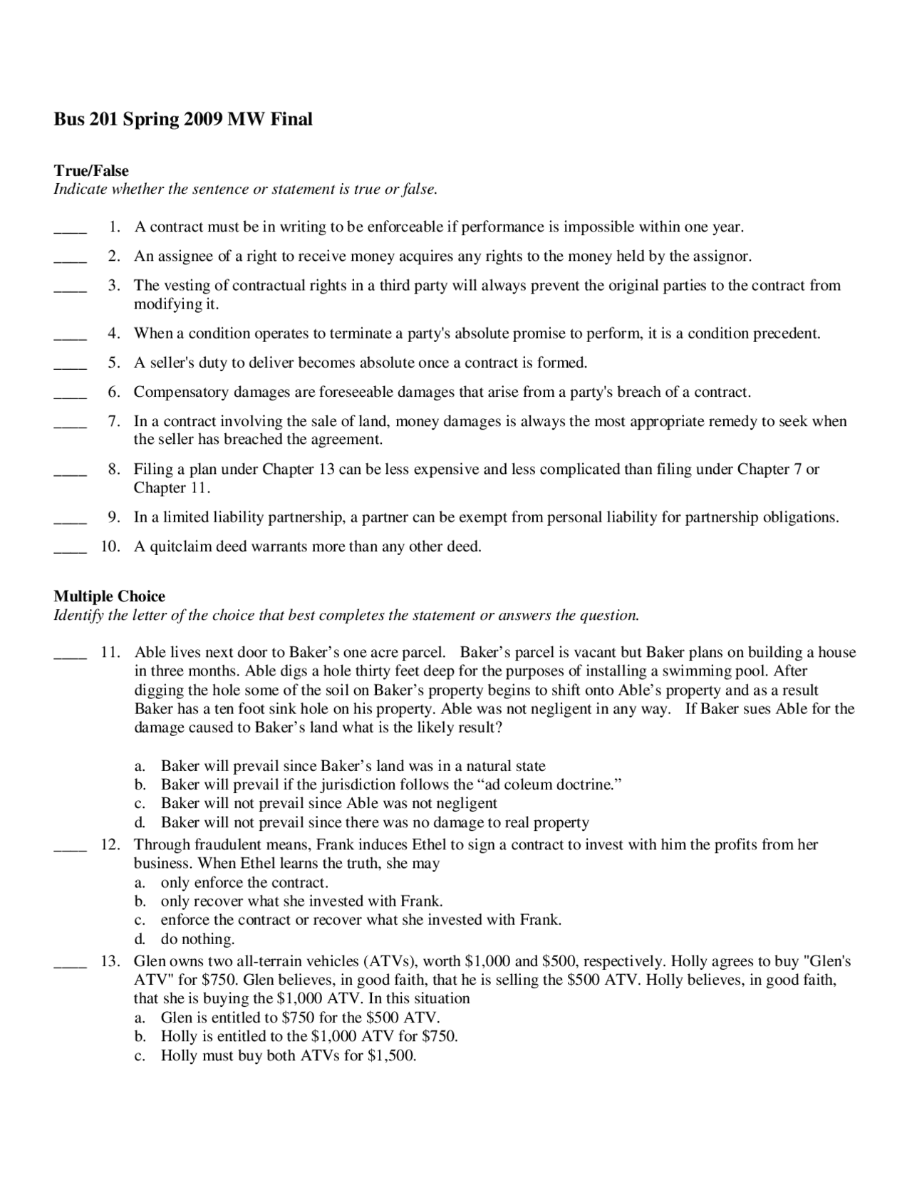 Enforceable Introduction Of Business Law Past Exam Exams