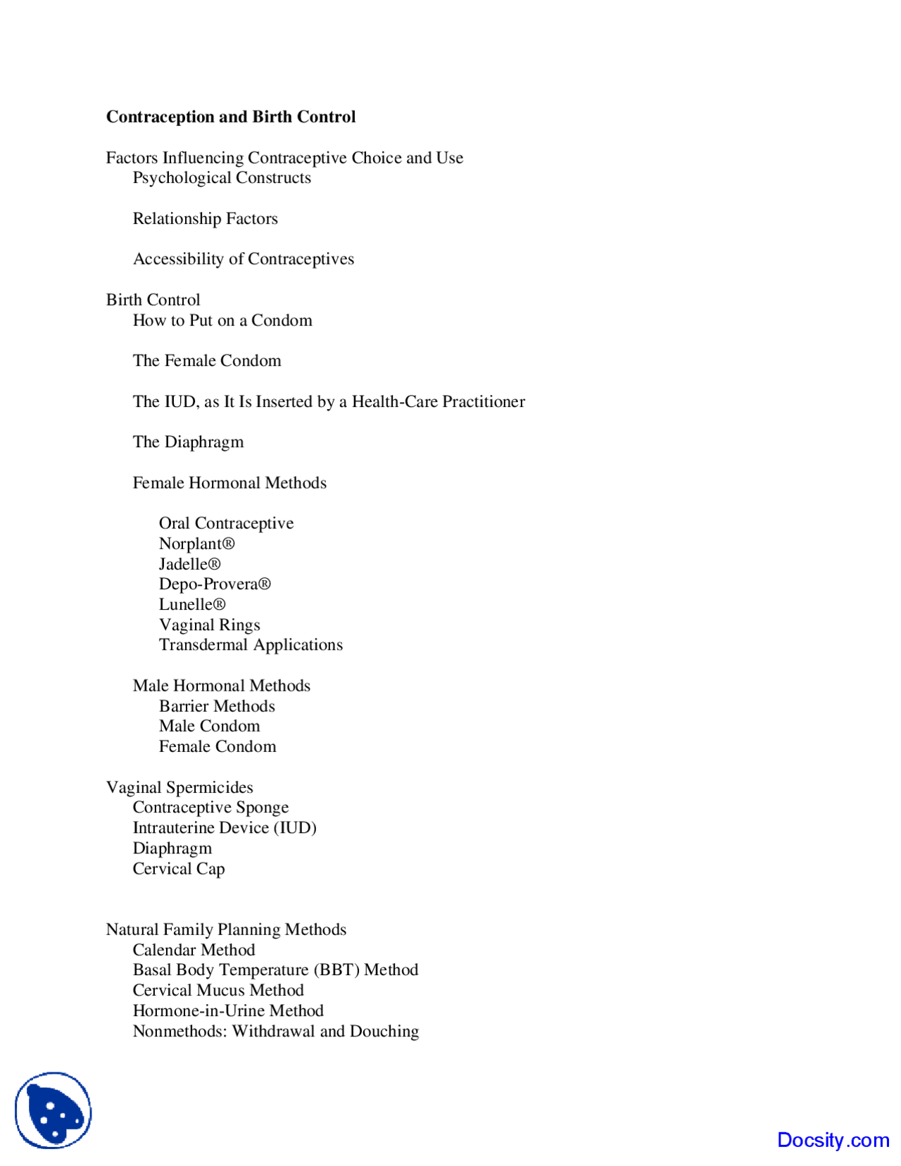 Contraception And Birth Control Psychiatry Of Sex Handouts Docsity