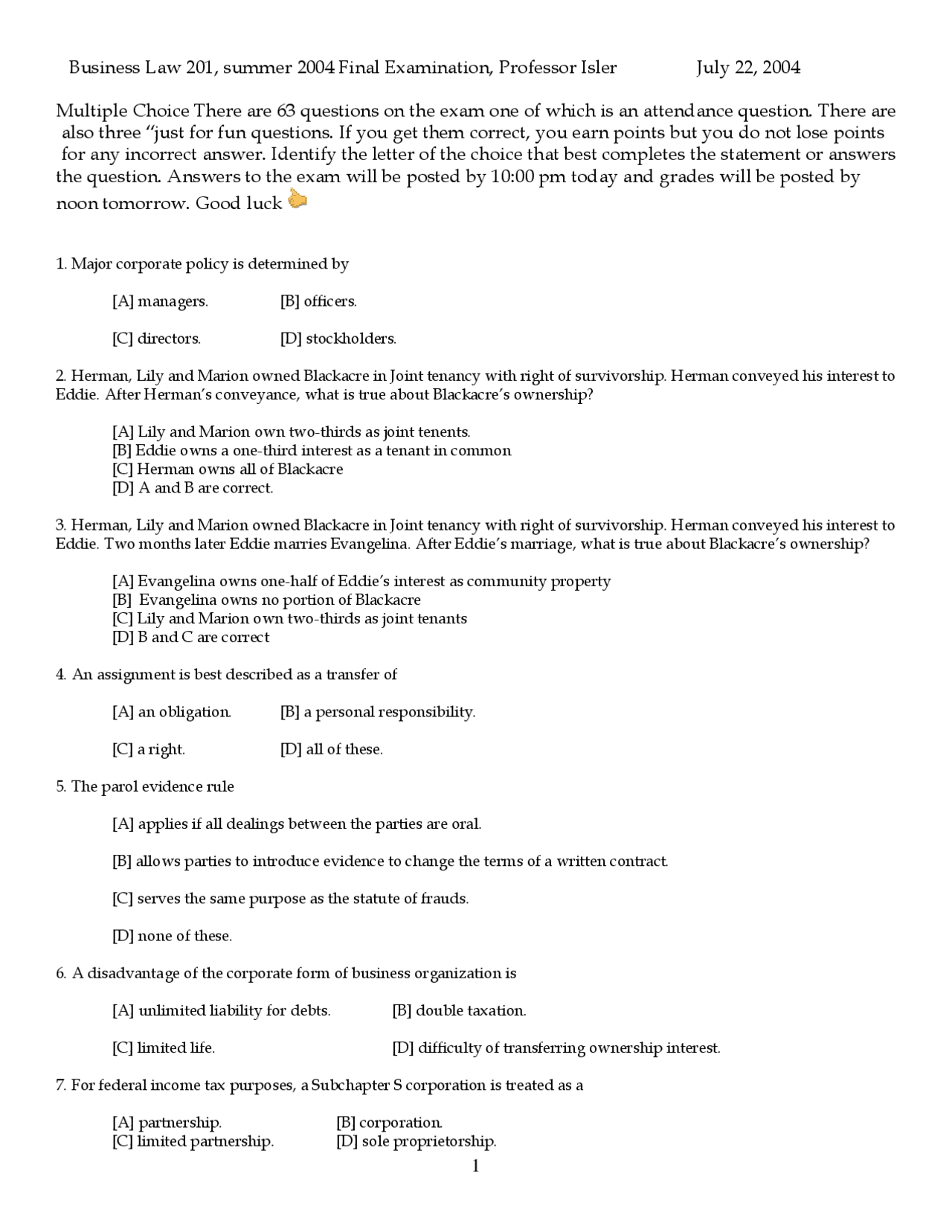 Stockholders Introduction Of Business Law Past Exam Docsity