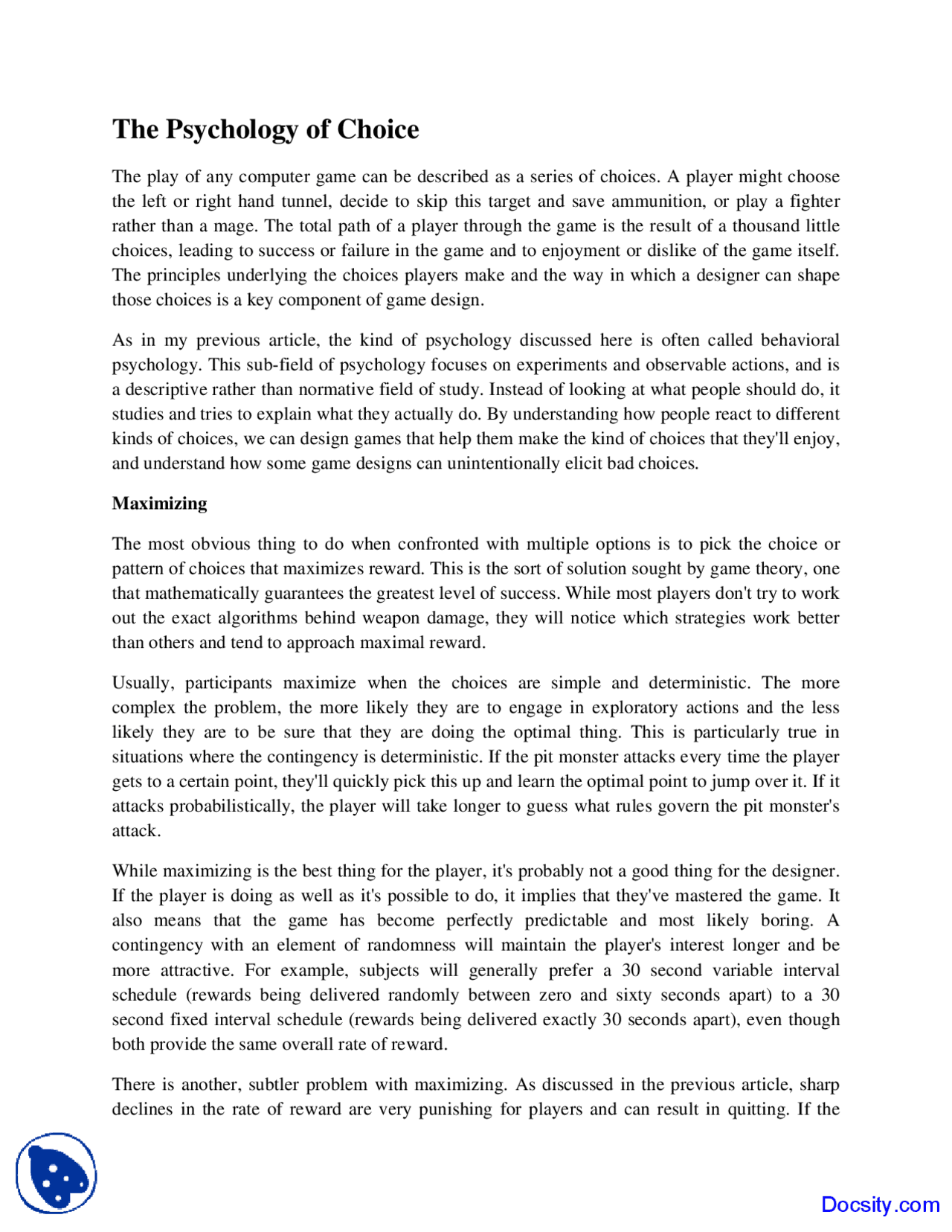 Psychology Of Choice Psychology Of Games Lecture Notes Docsity