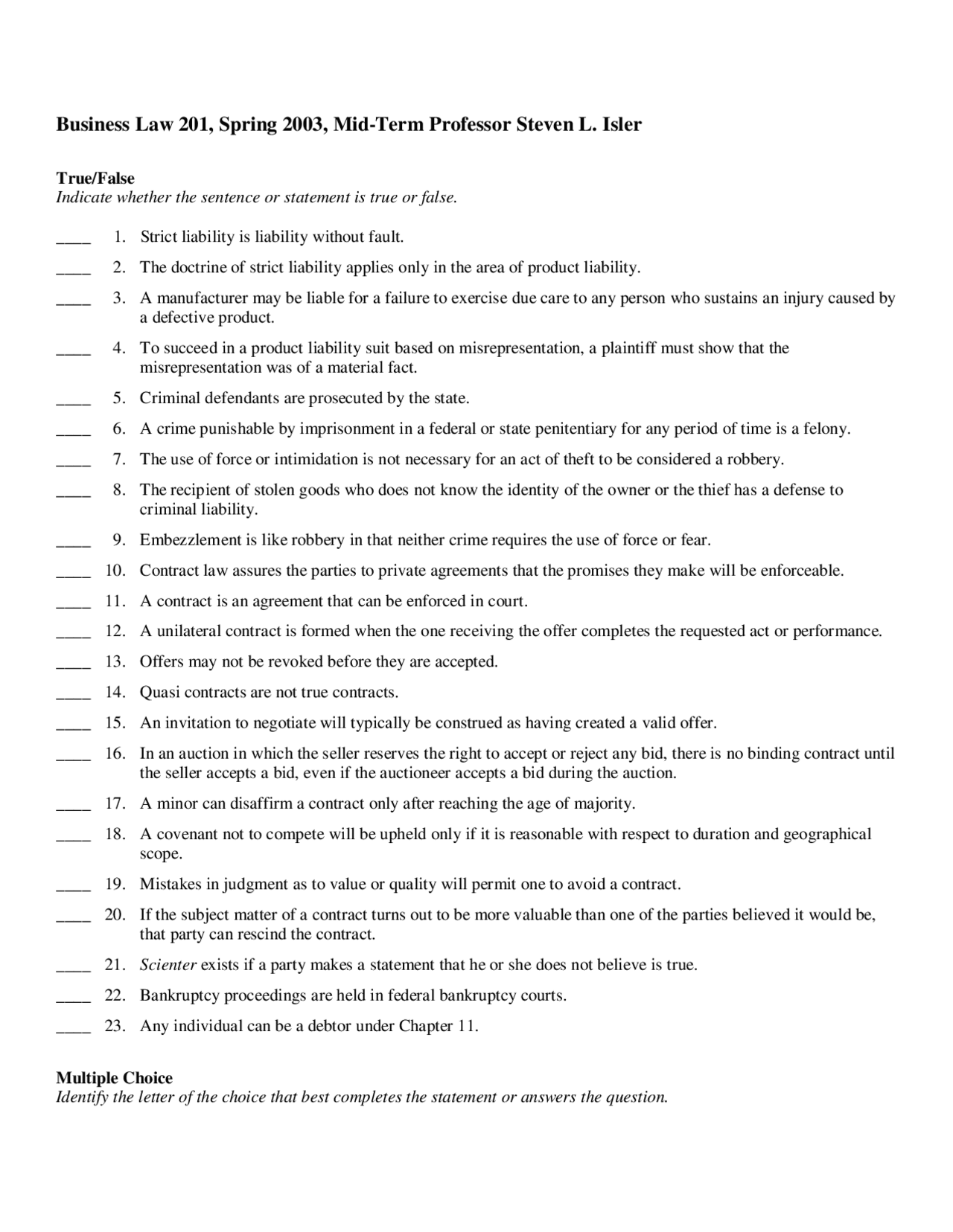 Product Liability Introduction Of Business Law Past Exam Exams