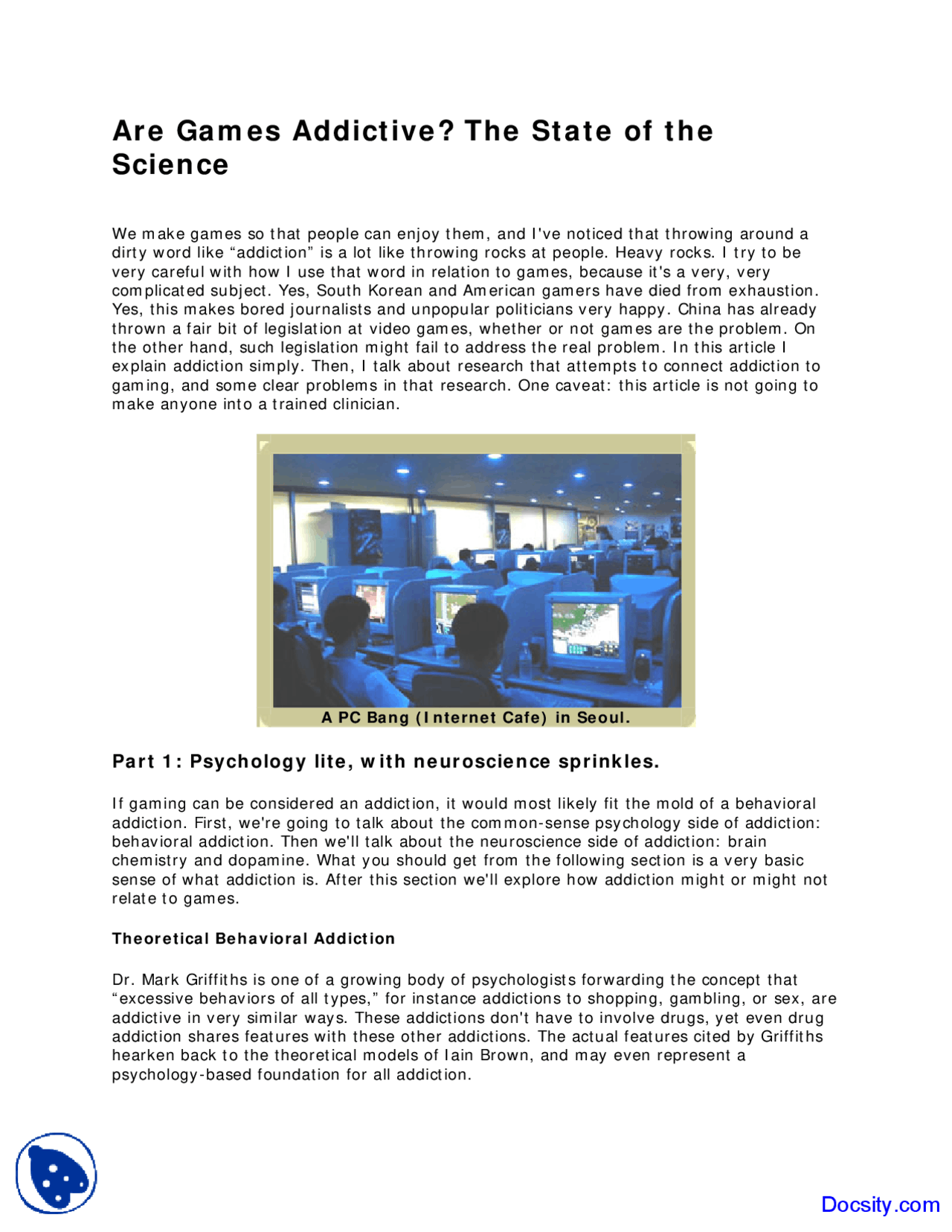 Are Games Addictive Psychology Of Games Lecture Notes Docsity