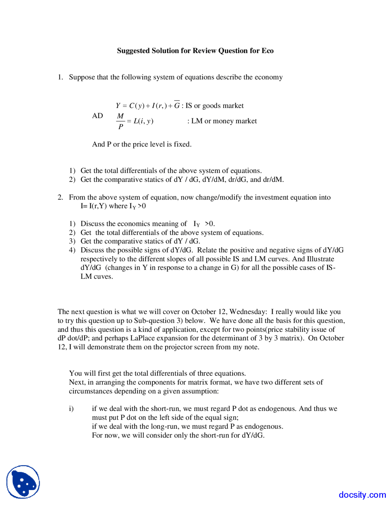 Price Level Advanced Macroeconomics Review Questions Docsity