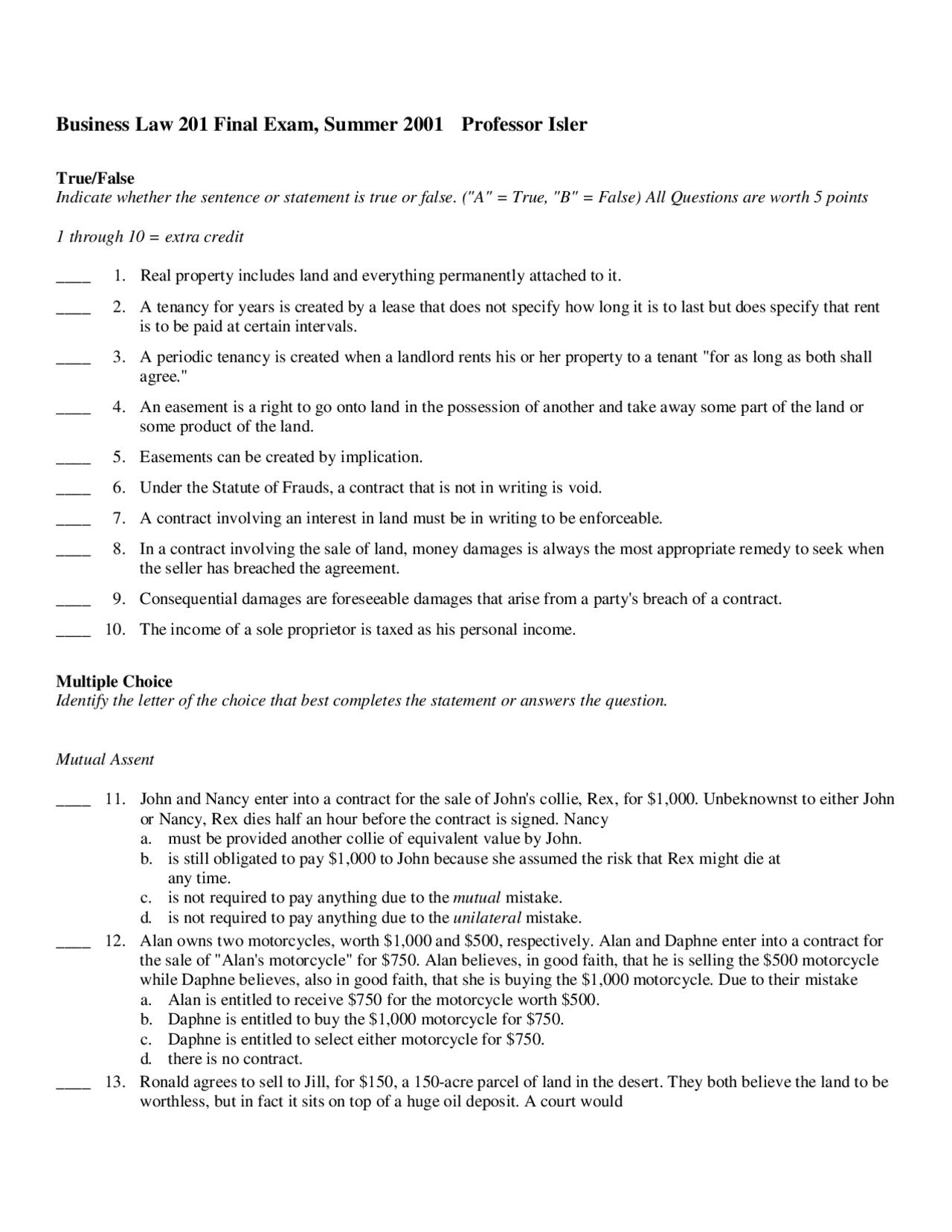 Implication Introduction Of Business Law Past Exam Docsity