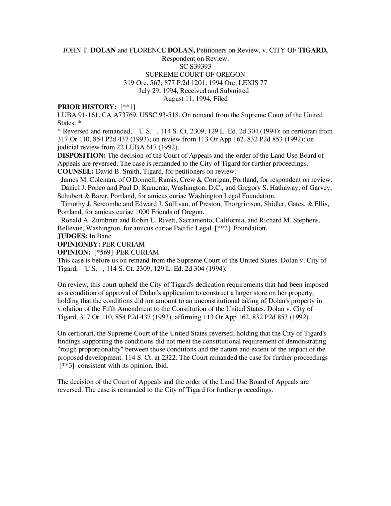 Dolan v. City of Tigard: Supreme Court of Oregon Reverses City's ...