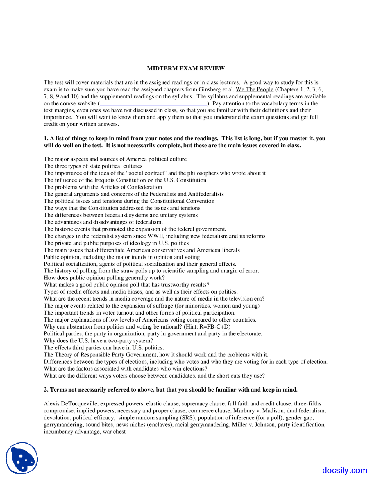 Political Cultures - Introduction to US Government - Exam Review - Docsity