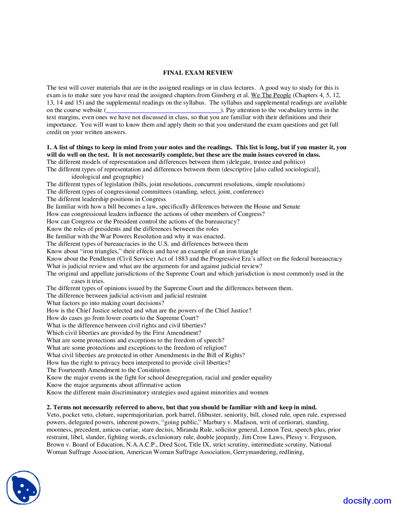 We the People - Introduction to US Government - Exam Review - Docsity