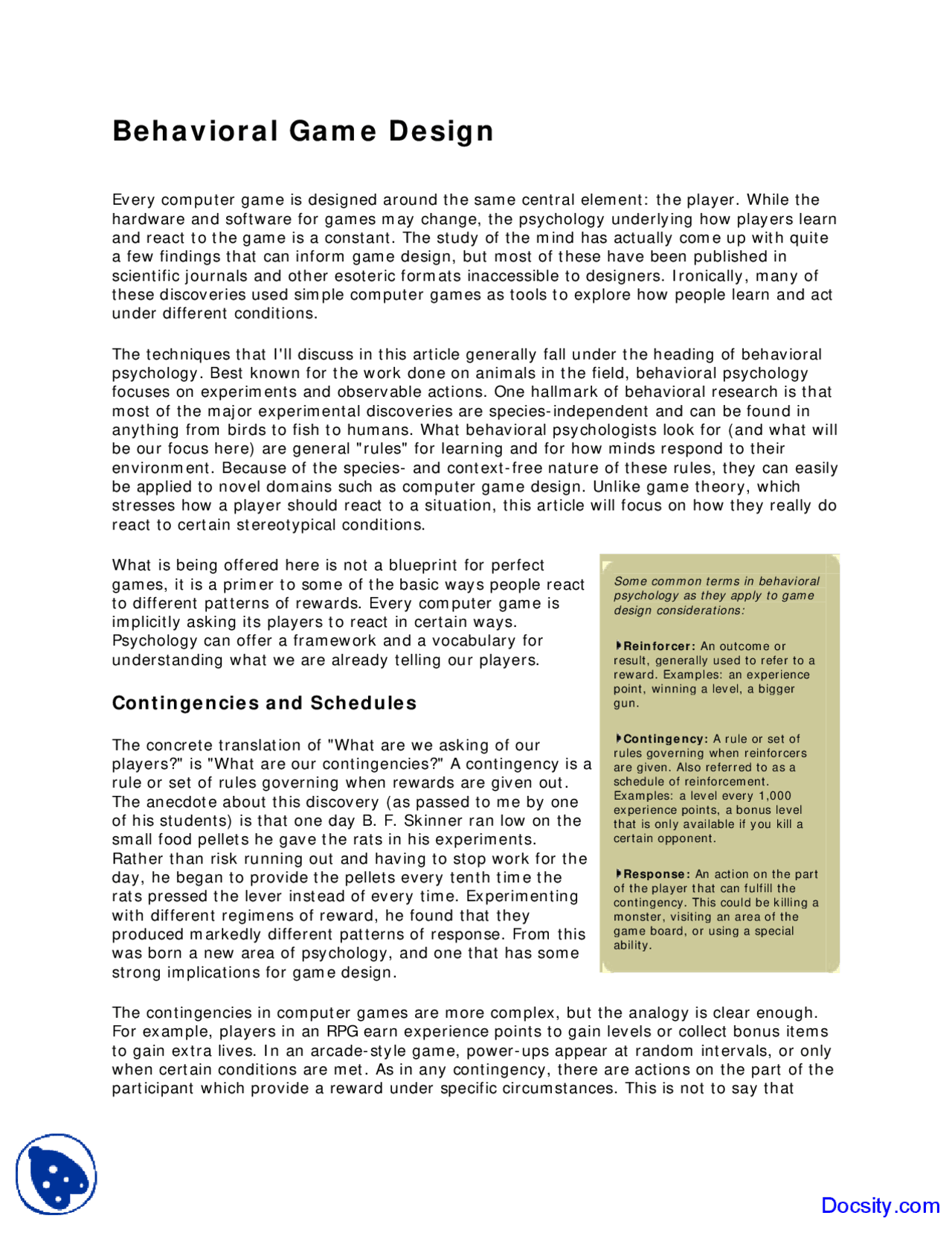 Behavioral Game Design - Psychology of Games - Lecture Notes - Docsity