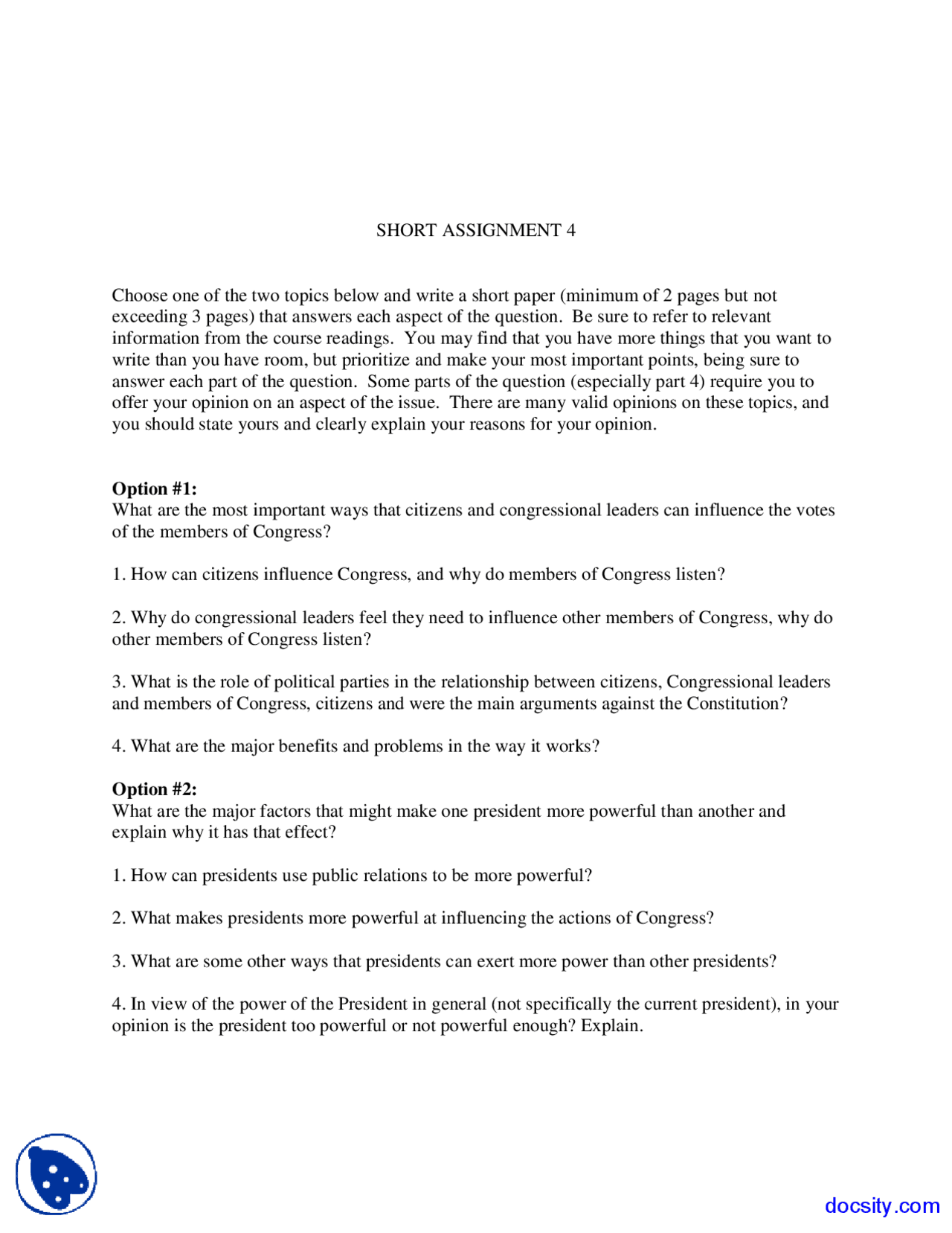 Influence Congress Introduction To Us Government Assignment Docsity