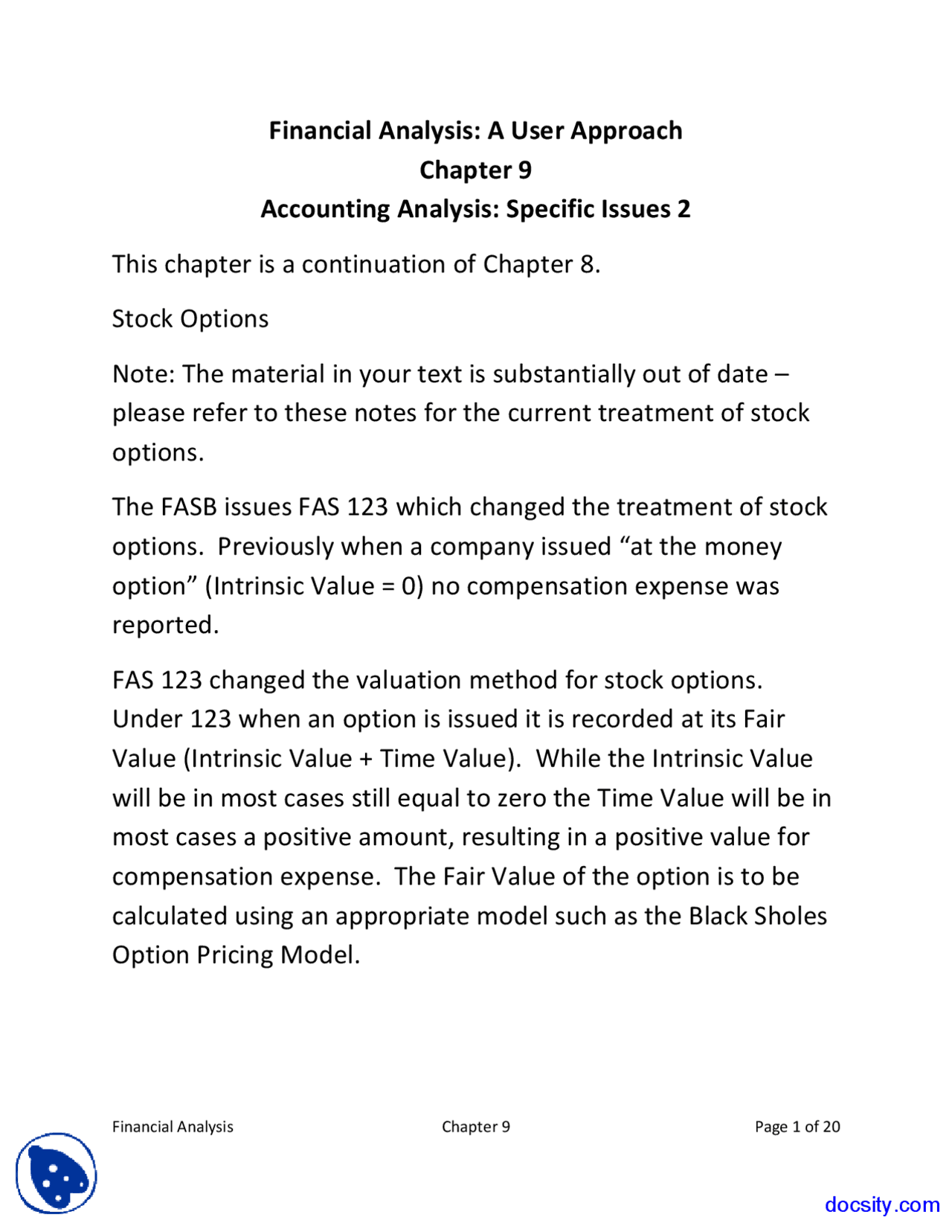 Stock Options - Financial Statement Analysis - Lecture Notes - Docsity
