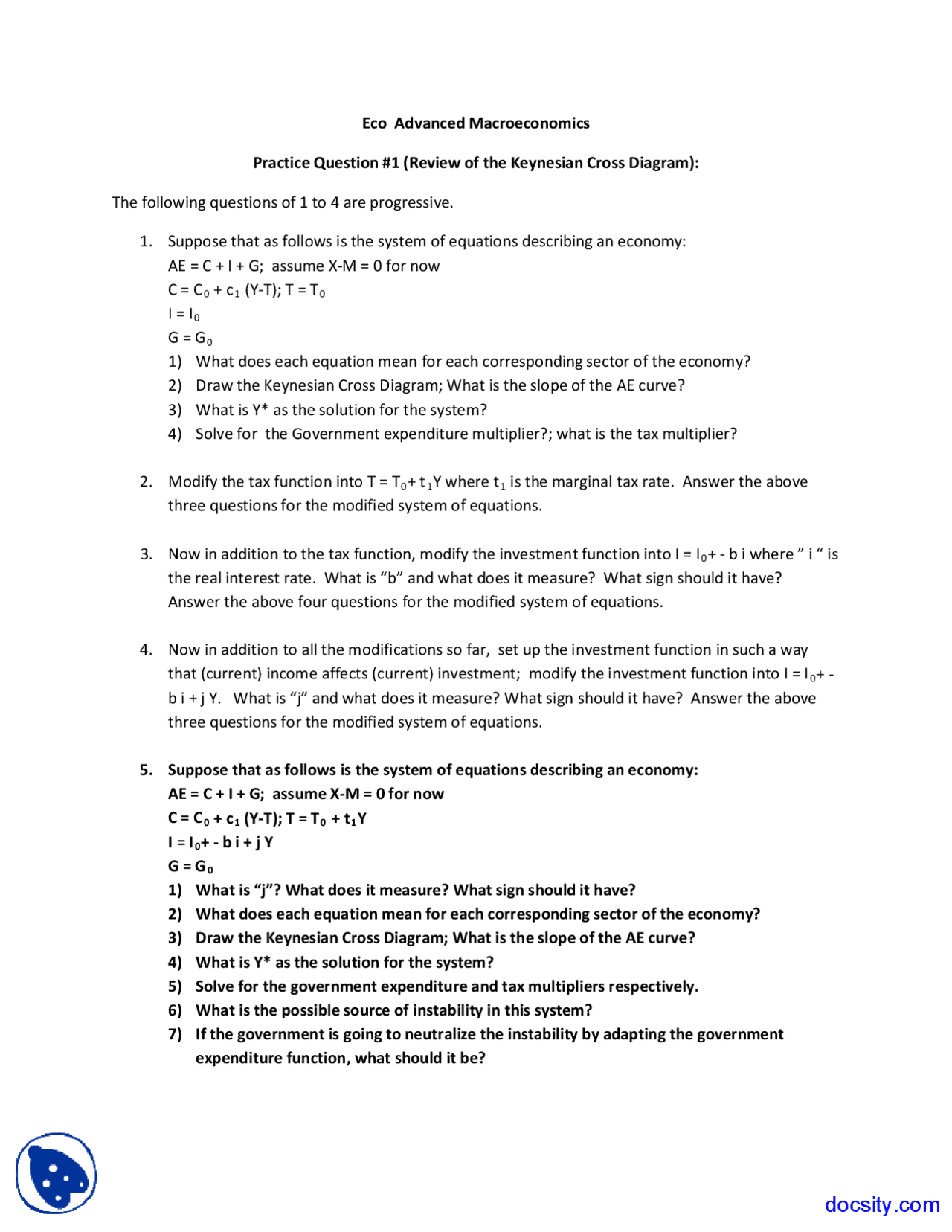 Keynesian Cross Diagram Advanced Macroeconomics Assignment