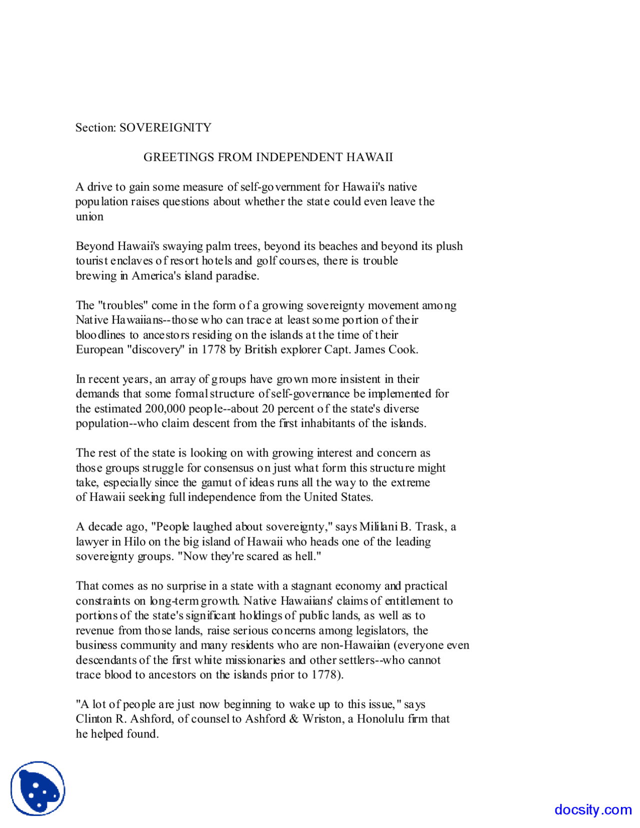 Sovereignty Movement Ethnic Movements Lecture Handouts Docsity