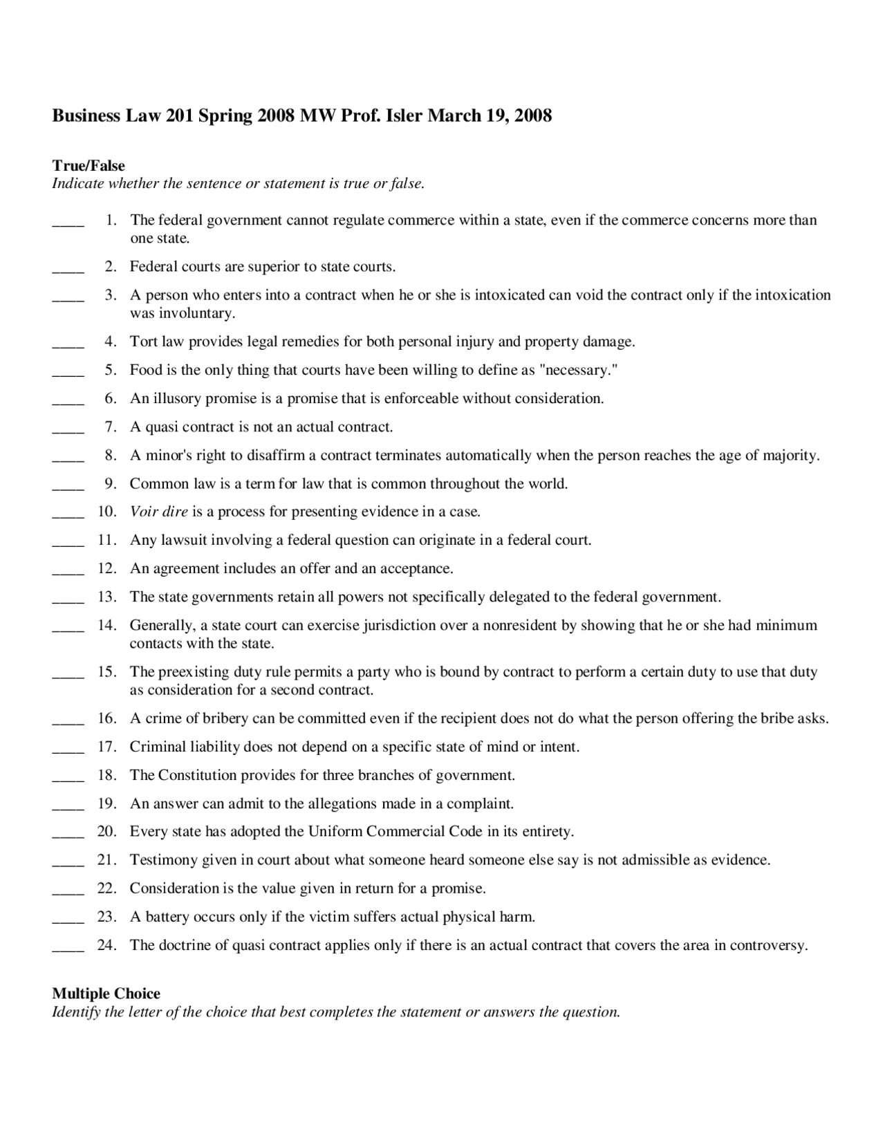Commerce Concerns Introduction Of Business Law Past Exam Docsity
