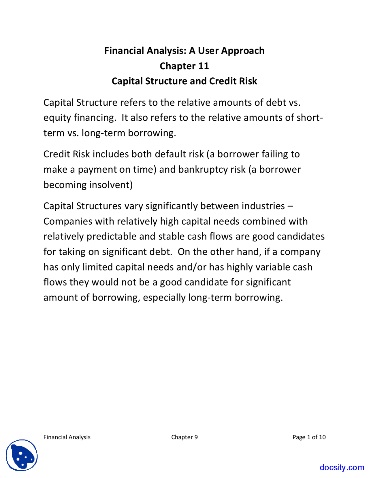 Capital Structure Financial Statement Analysis Lecture Notes