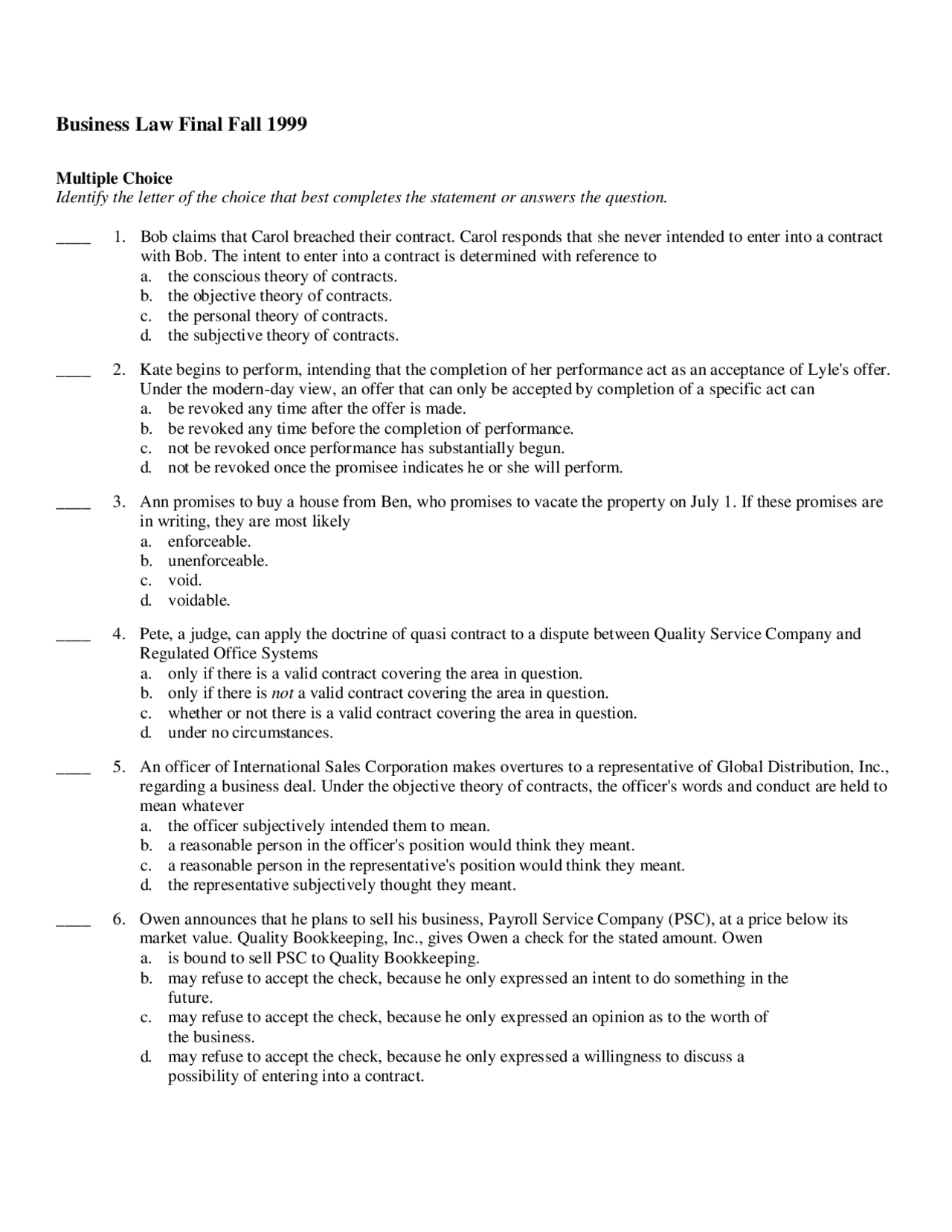 Conscious Theory Introduction Of Business Law Past Exam Docsity