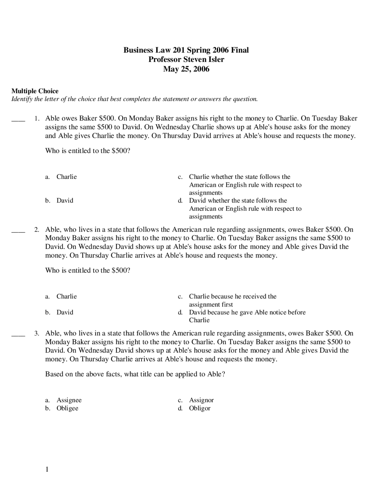 Monday Baker Introduction Of Business Law Past Exam Docsity