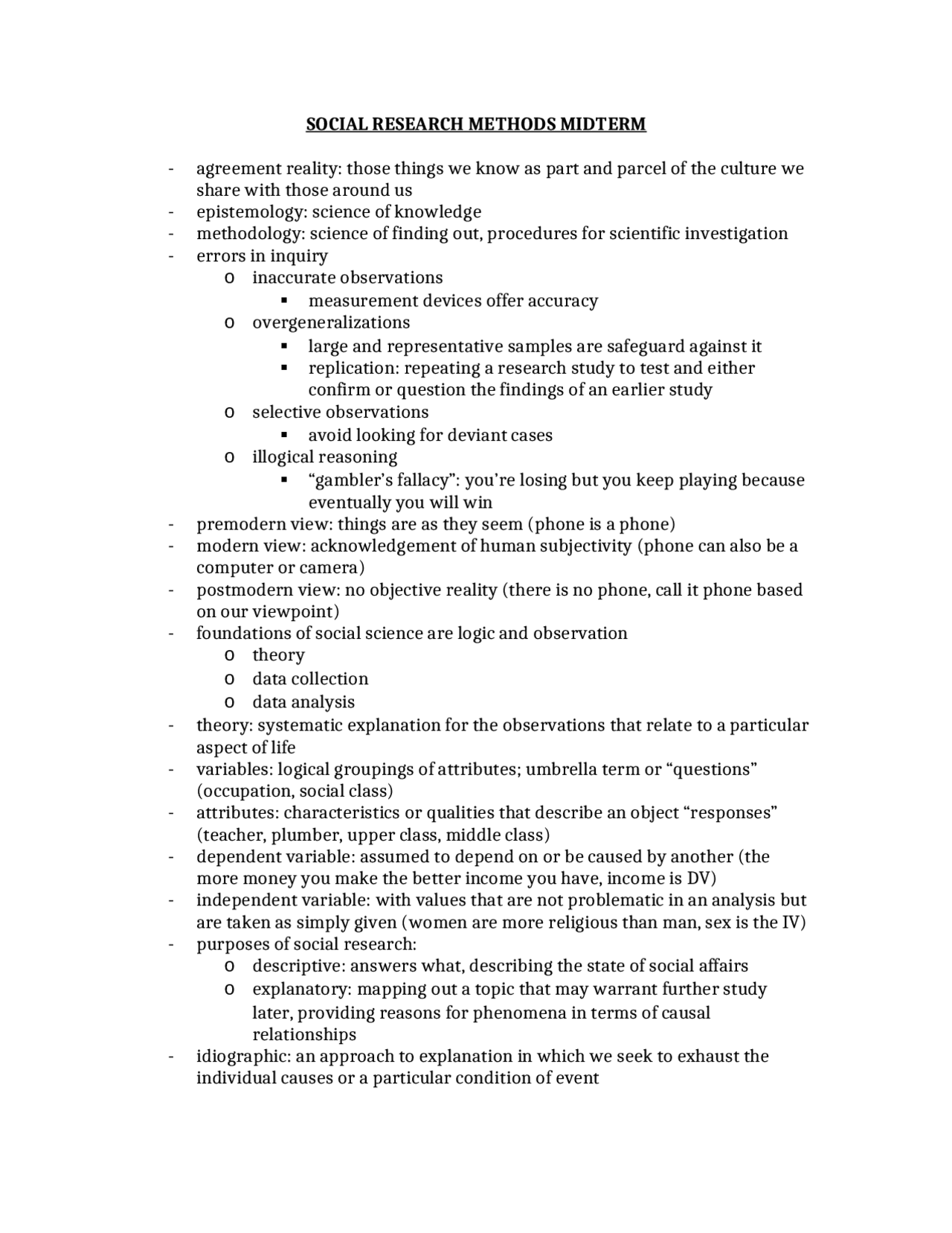Midterm Study Guide - Social Research Methods | SOC 101 - Docsity