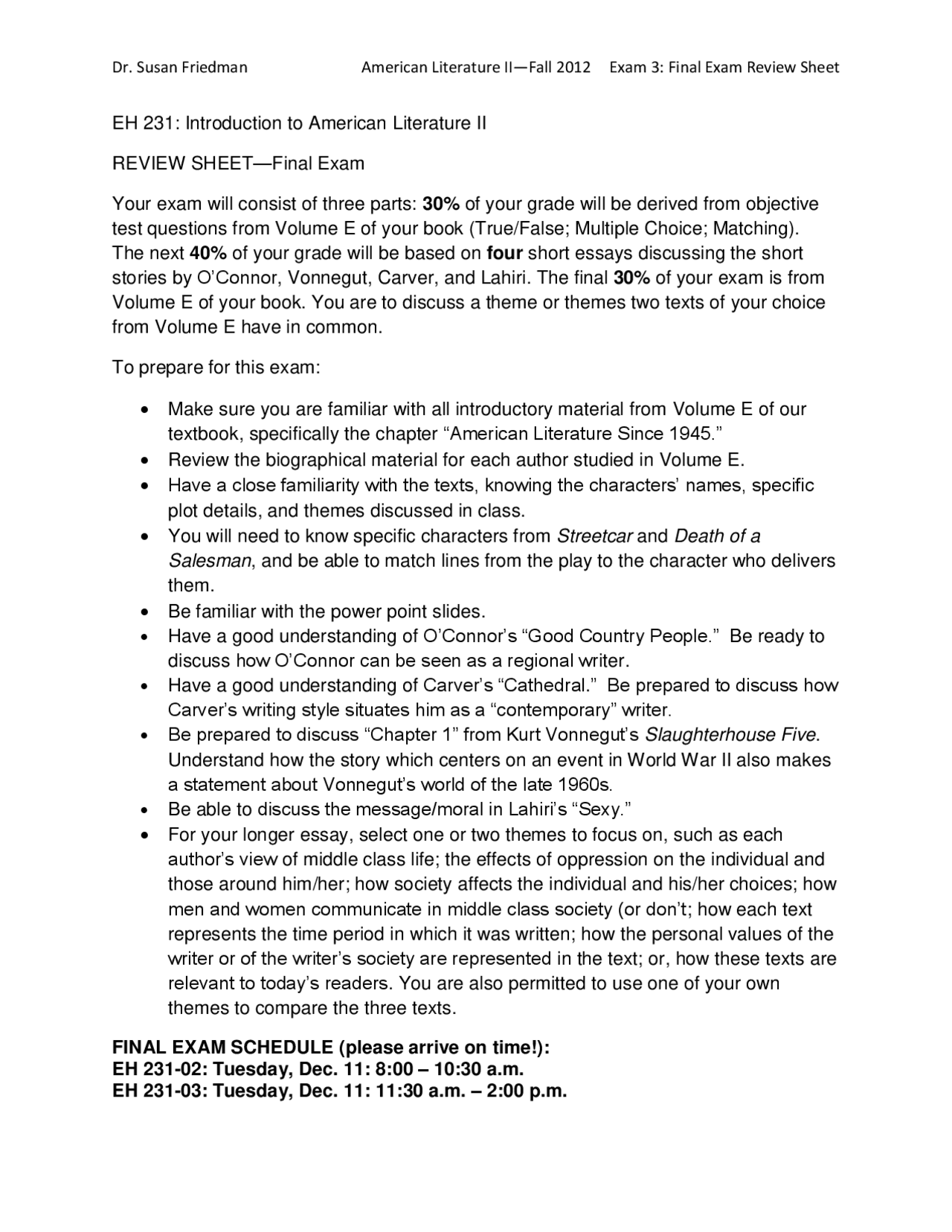 Review Sheet for Final Exam - American Literature II | EH 231 - Docsity