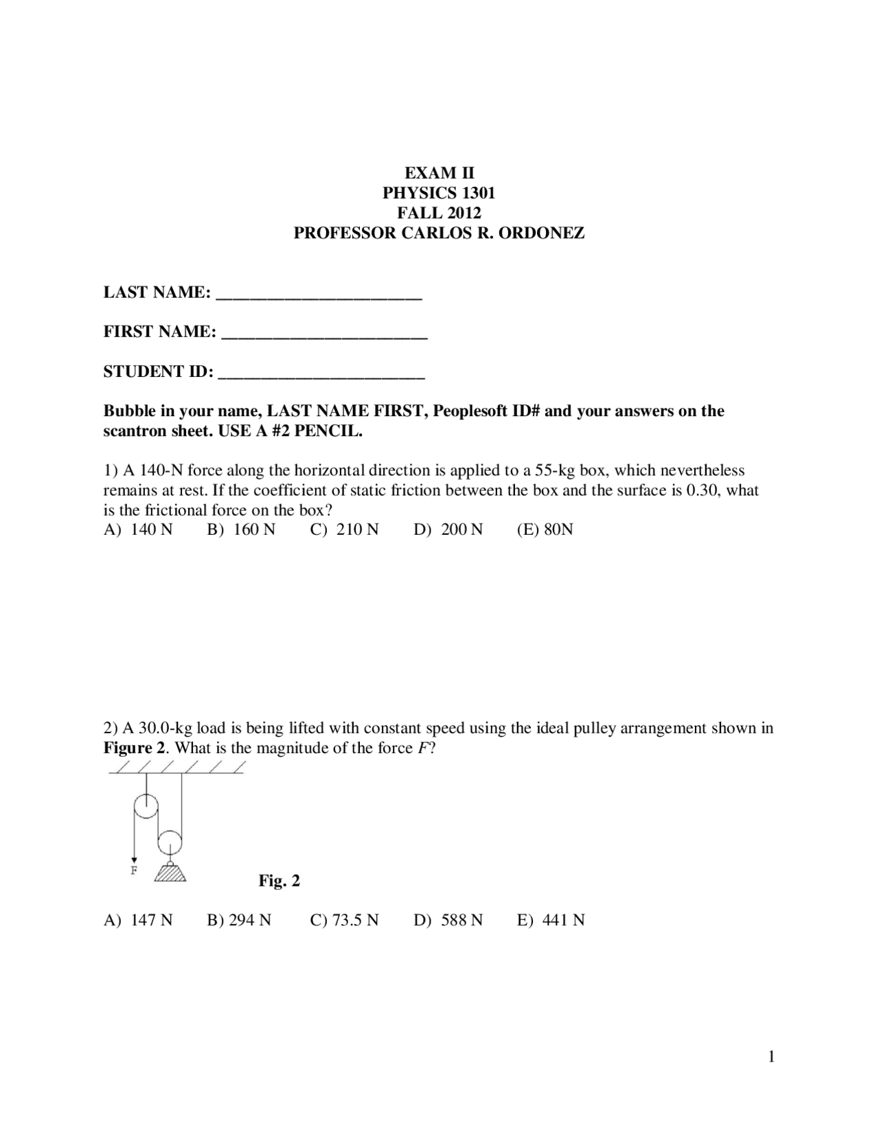 Introductory General Physics I 15 Multiple Choice Questions For Exam