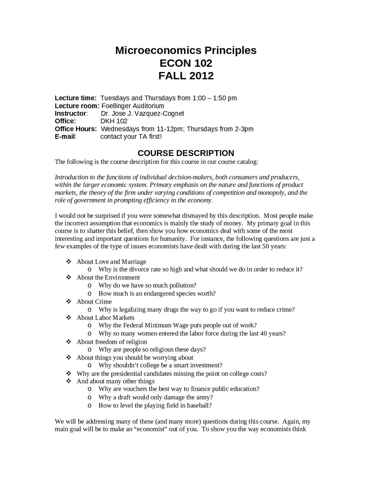 Microeconomic Principles Course Description Econ 102 Docsity