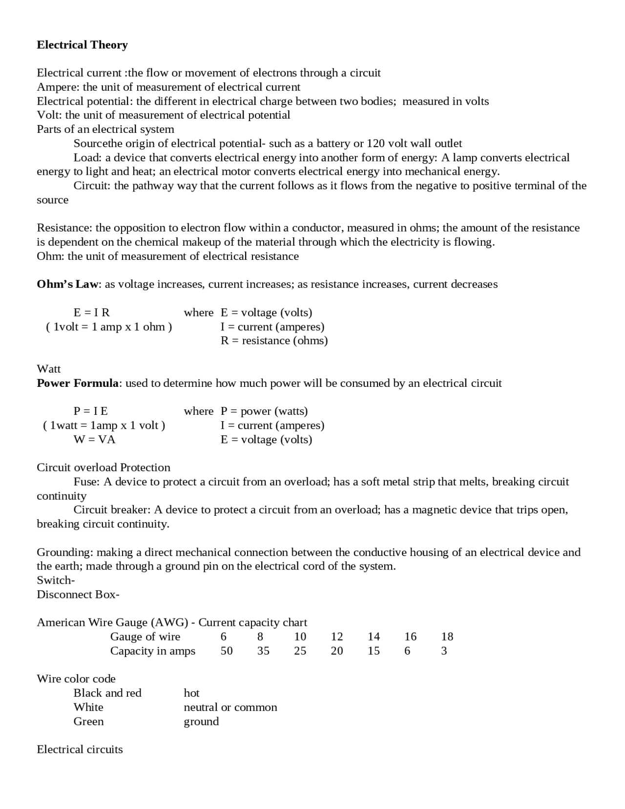 Electrical Theory and Ohm's Law - Lecture Notes | THTR 1001 - Docsity