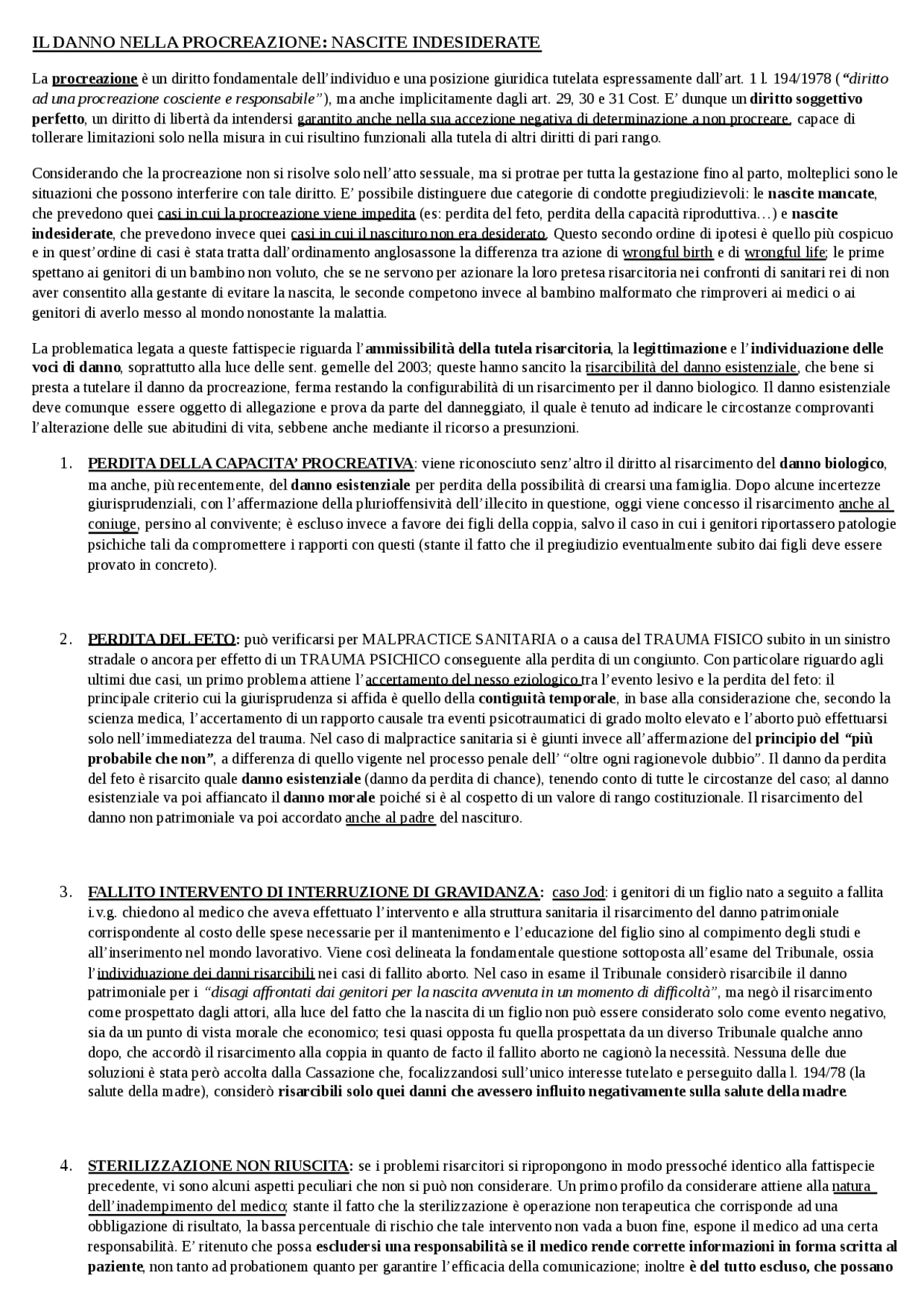 Danno Nella Procreazione Docsity