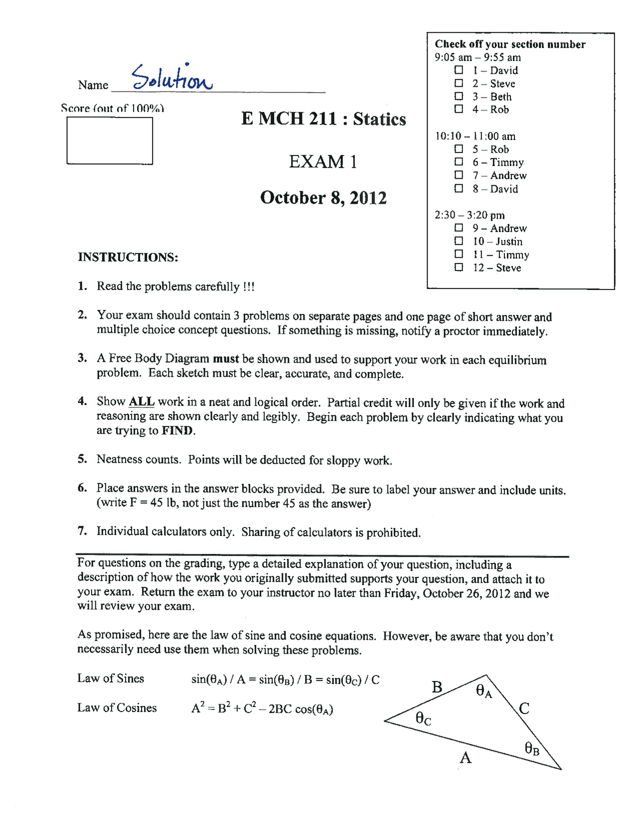 Test One Solutions For Statics E Mch 211 Docsity