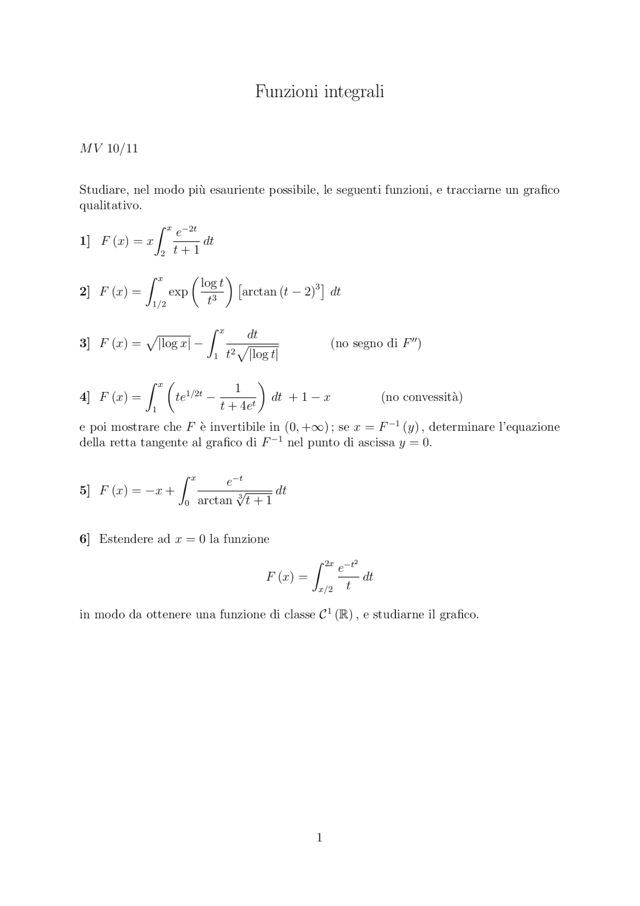 Funzioni integrali - Esercizi di Analisi Matematica | Esercizi di Analisi Matematica I | Docsity