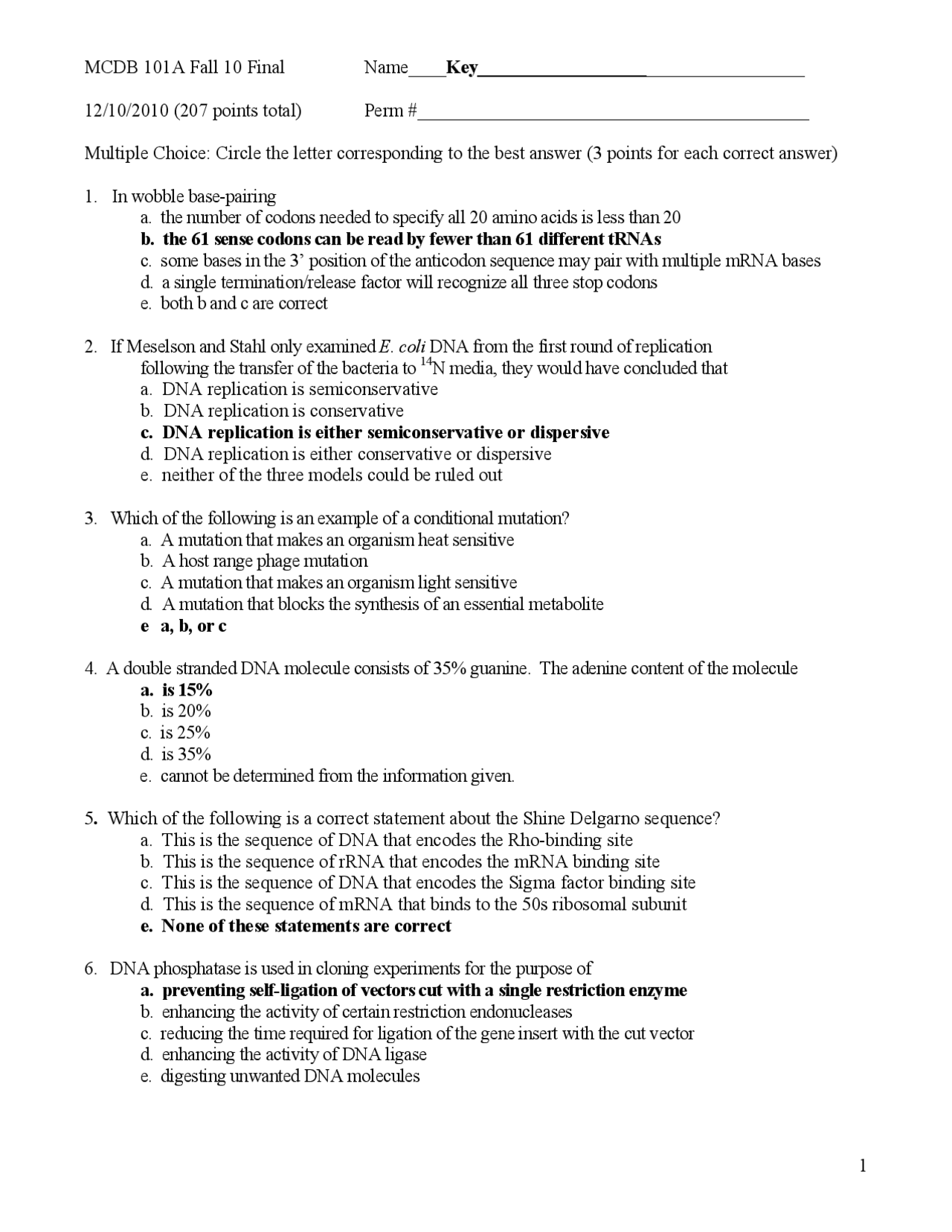 Molecular Genetics I Final Exam Solved Fall 2010 Mcdb 101a Docsity