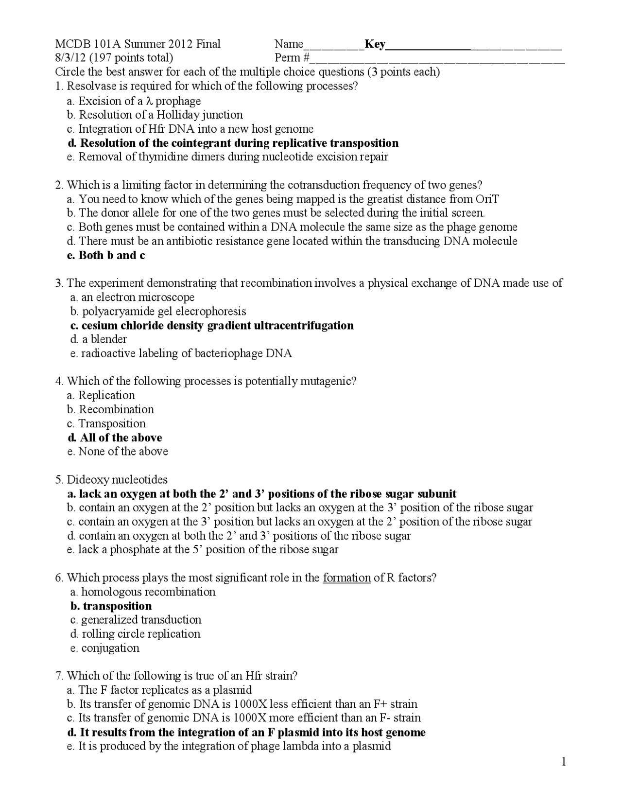 Final Exam With Answer Key Molecular Genetics I Mcdb 101a Docsity