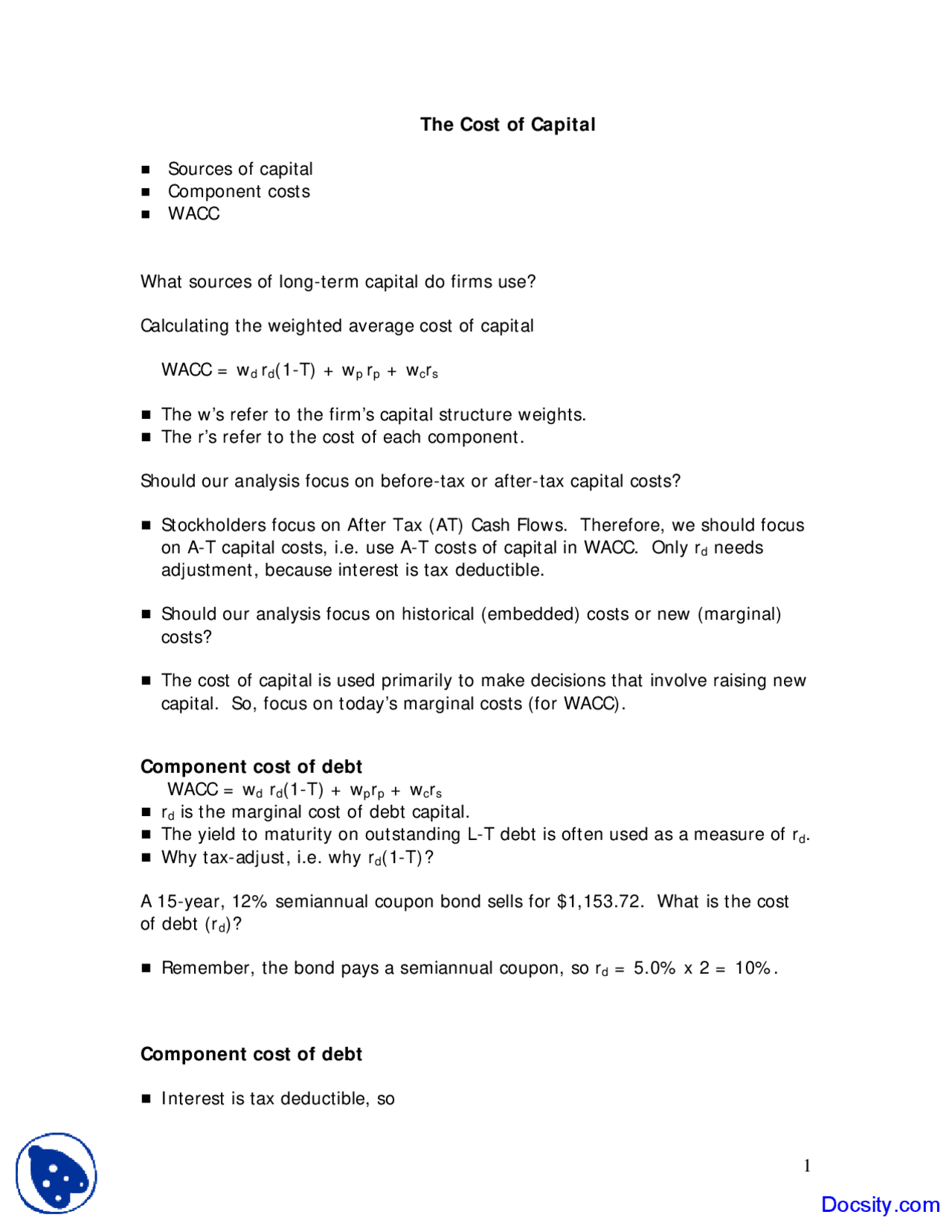 Cost Of Capital Financial Management Lecture Notes Docsity