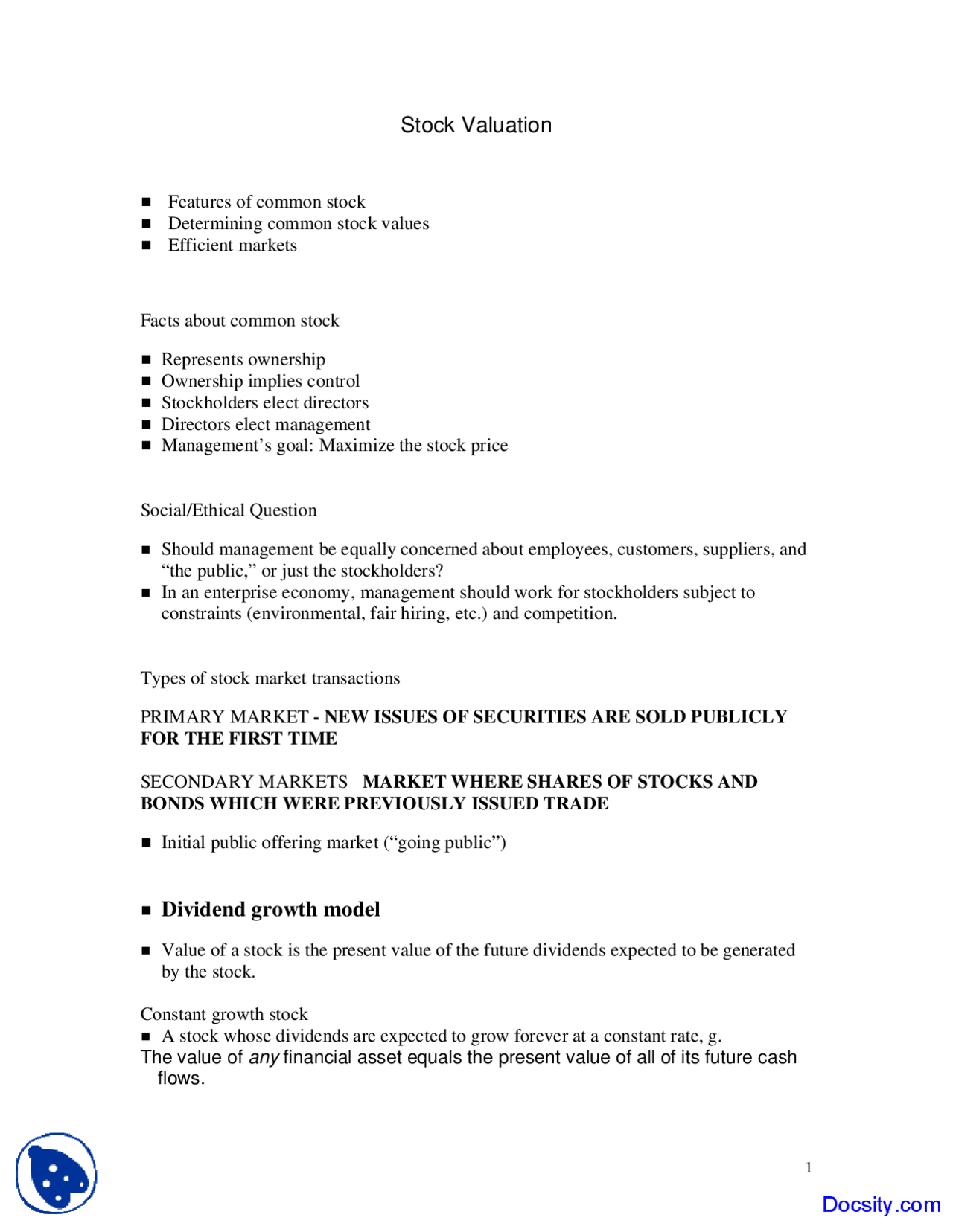 Stock Valuation Financial Management Lecture Notes Docsity