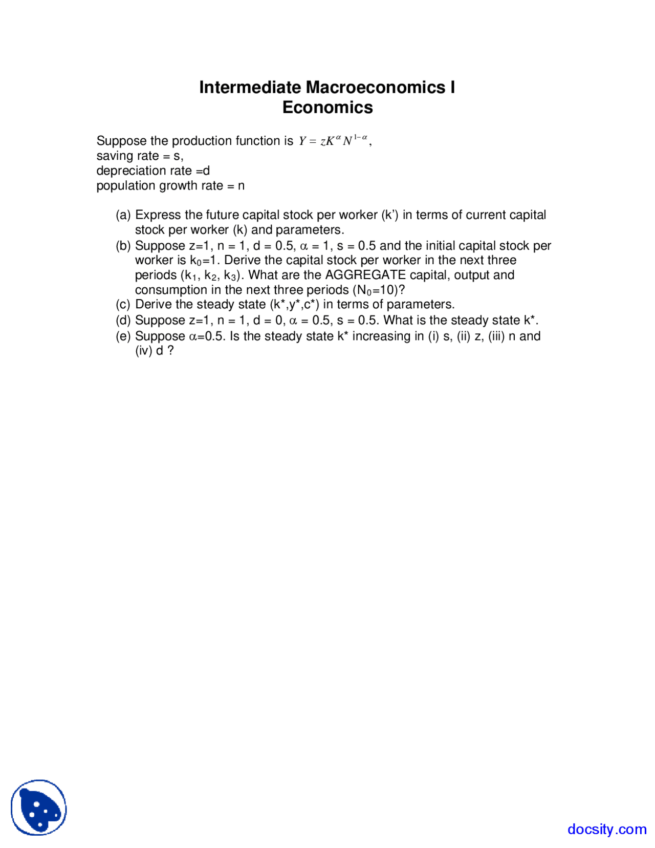 Future Capital Stock Intermediate Macroeconomics Problems Docsity
