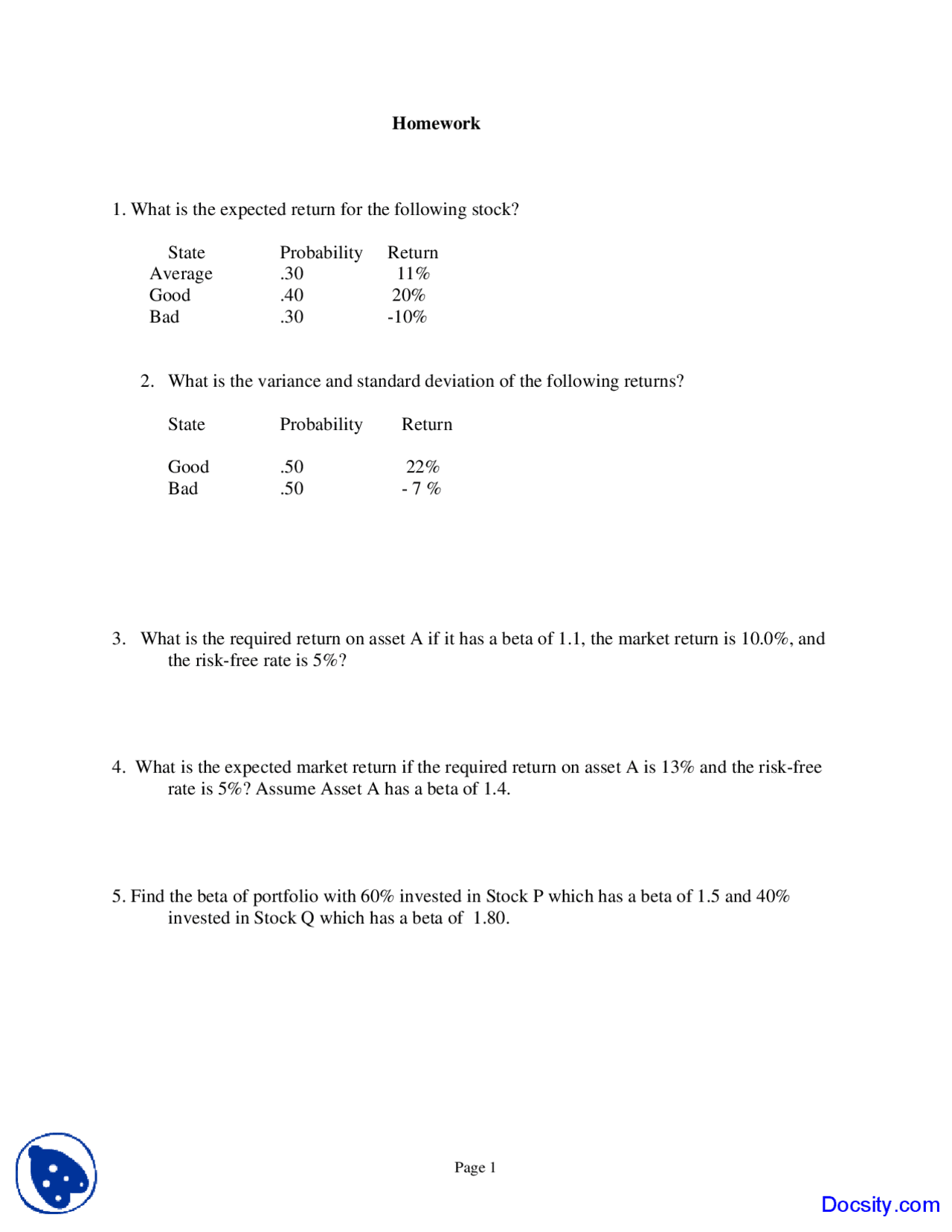 Variance And Standard Deviation Financial Management Homework