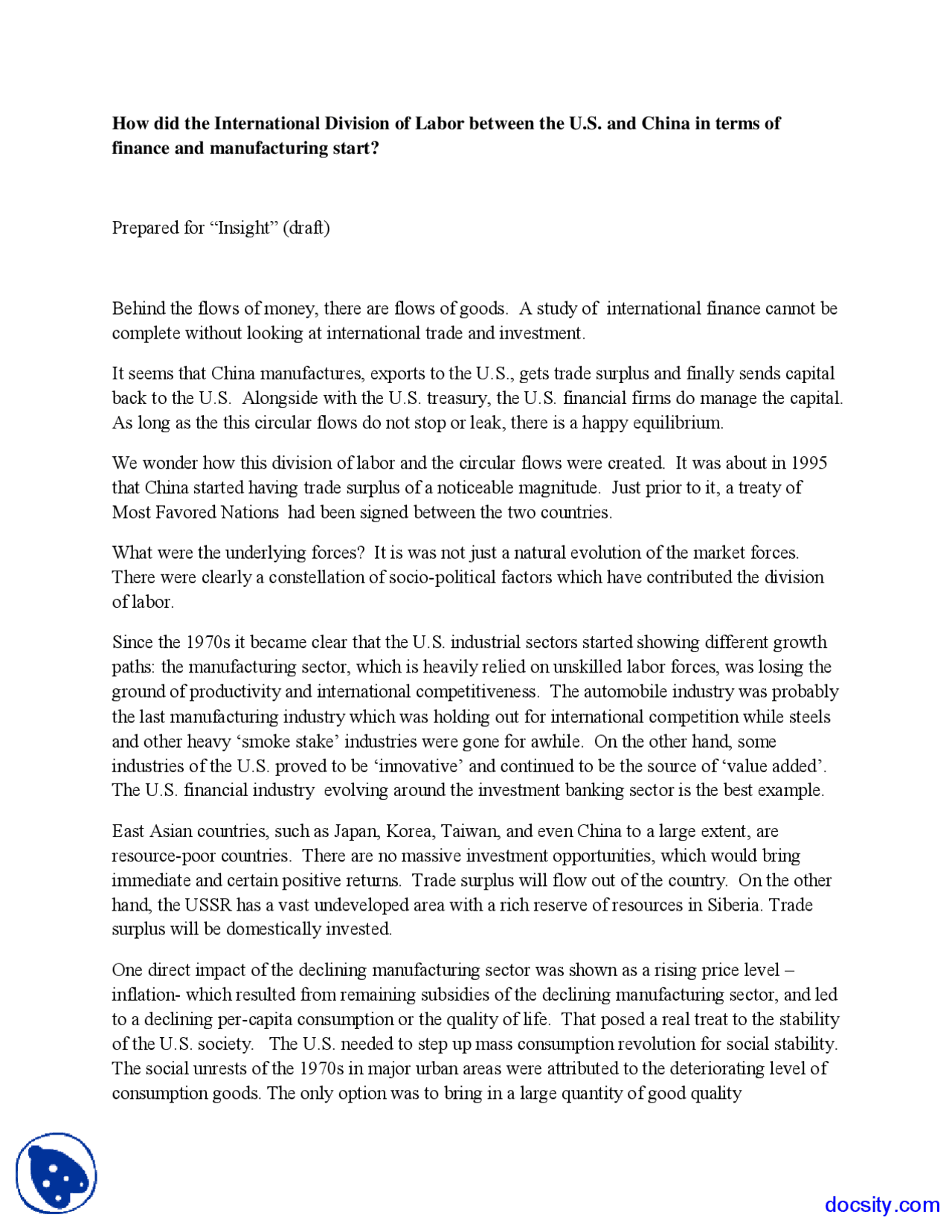 Division Of Labor Modern Asian Economics Lecture Notes Docsity