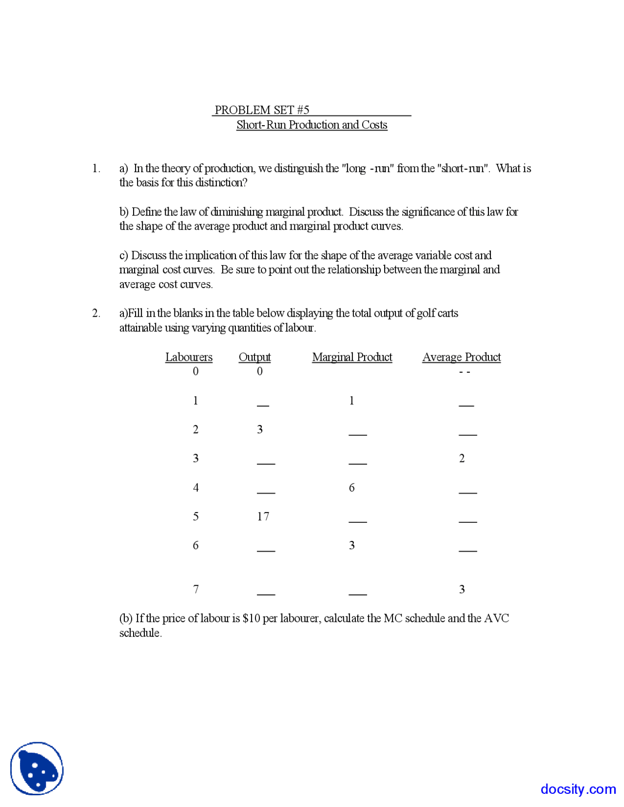 Production And Costs Introductory Economics Problems Docsity