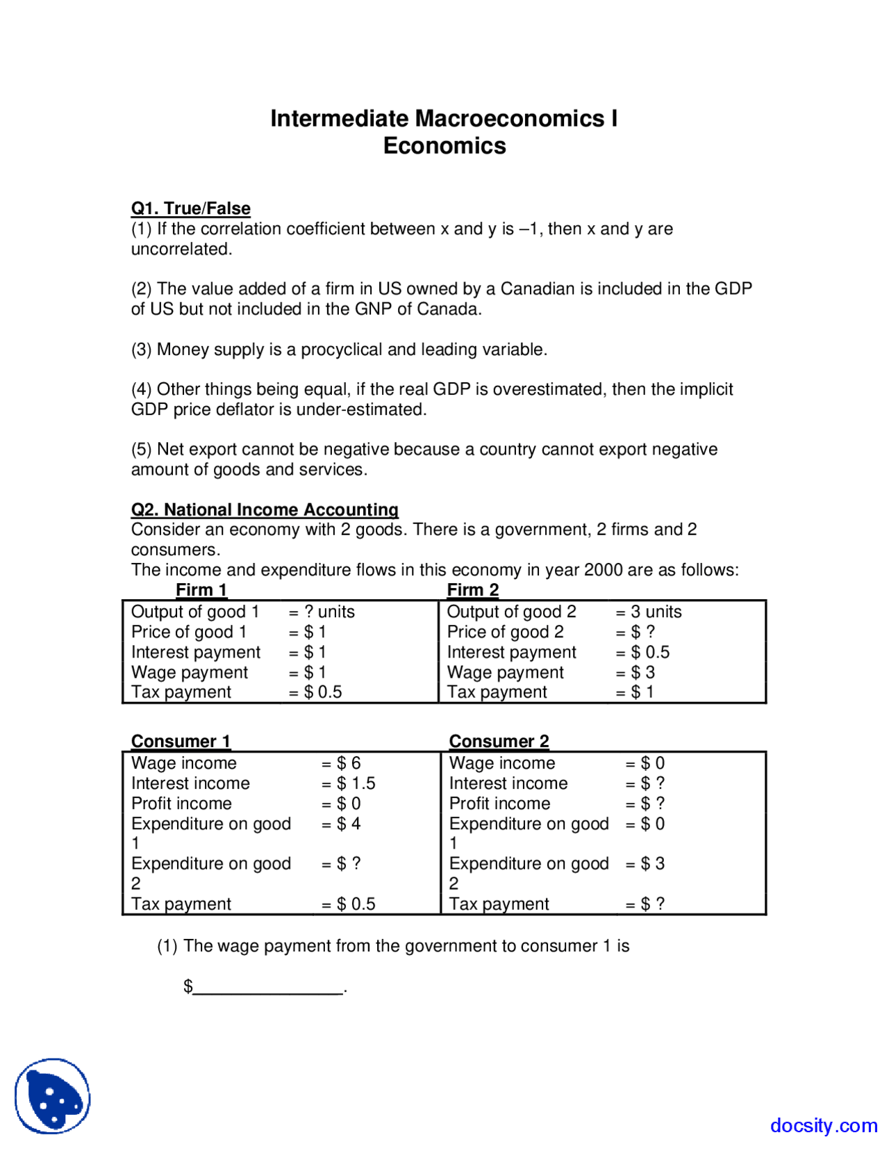 Correlation Coefficient Intermediate Macroeconomics Problems Docsity